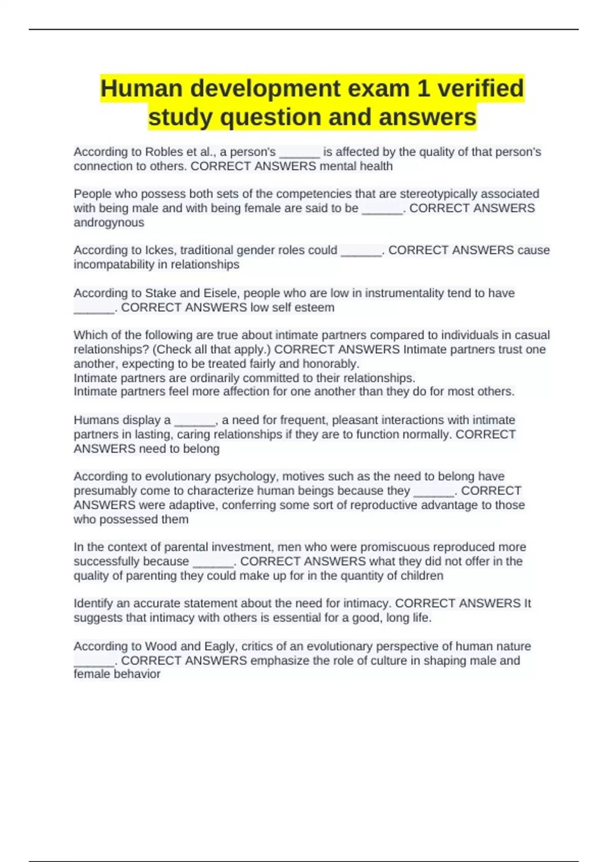 Human development exam 1 verified study question and answers - Human Development - Stuvia US