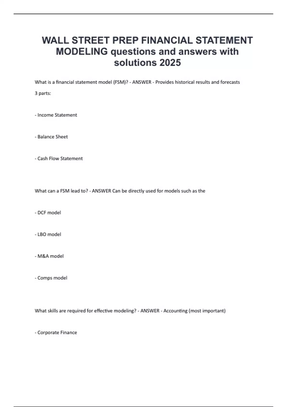 WALL STREET PREP FINANCIAL STATEMENT MODELING questions and answers ...