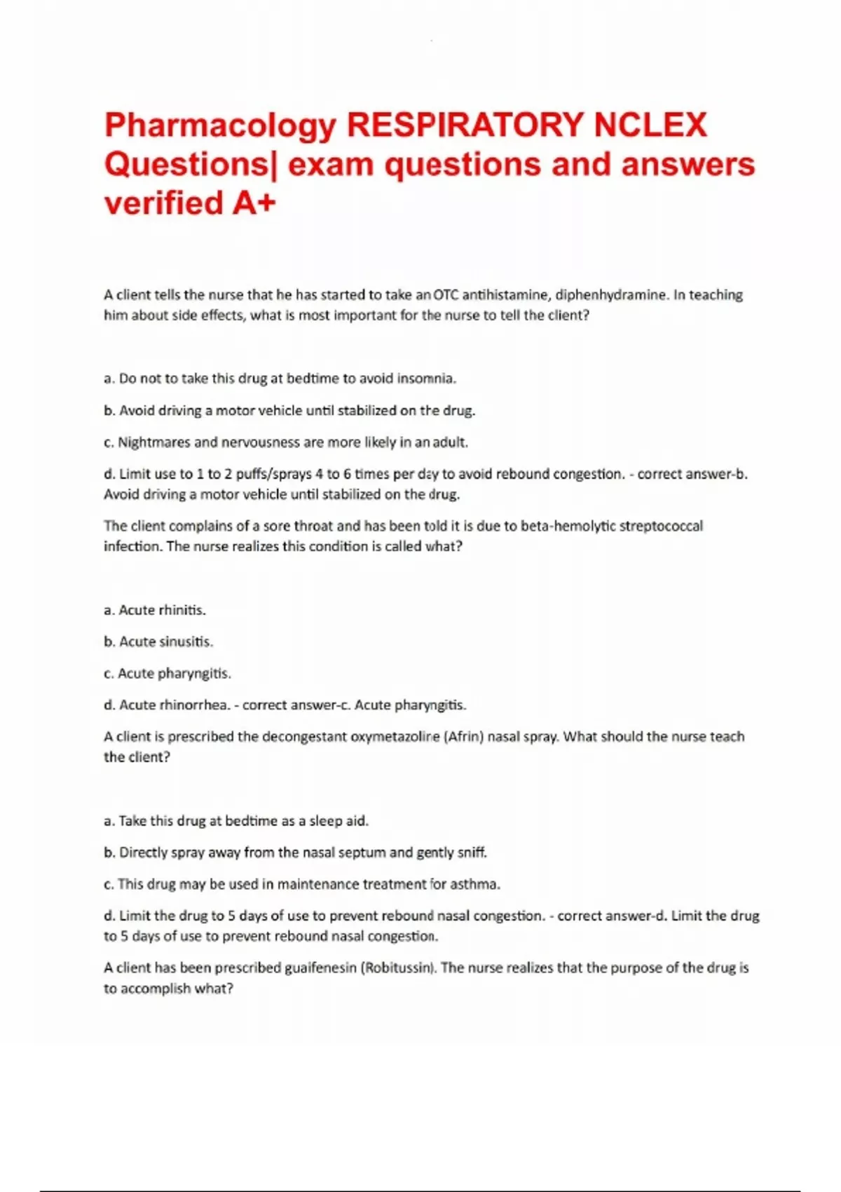 Pharmacology RESPIRATORY NCLEX Questions| exam questions and answers ...