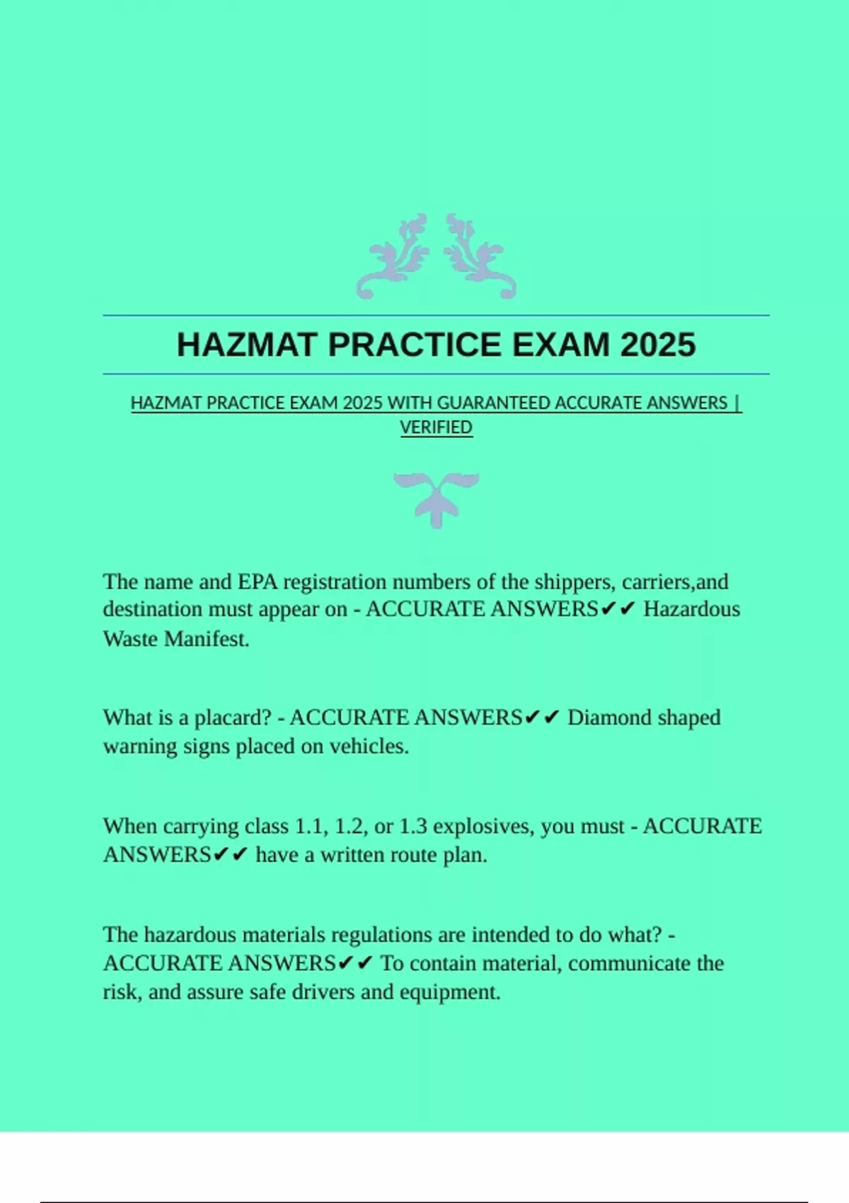 HAZMAT PRACTICE EXAM 2025 WITH GUARANTEED ACCURATE ANSWERS |VERIFIED ...