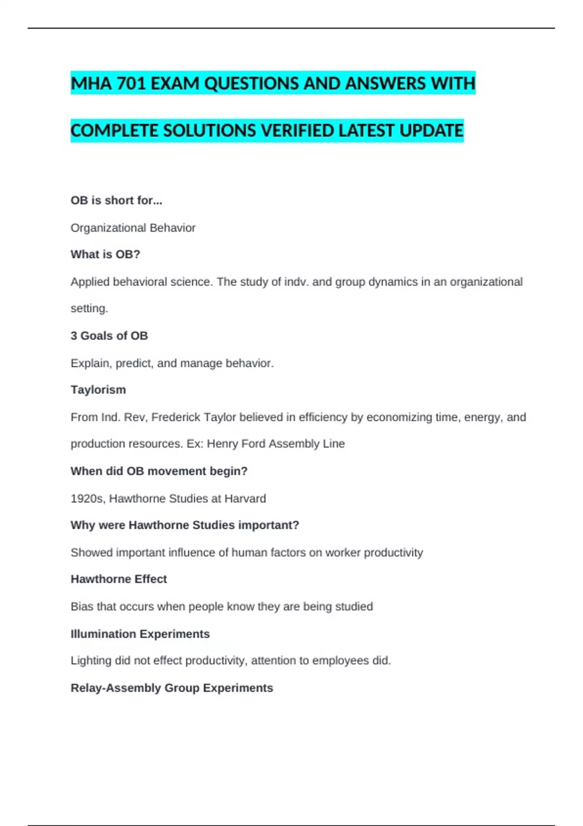 MHA 701 EXAM QUESTIONS AND ANSWERS WITH COMPLETE SOLUTIONS VERIFIED ...