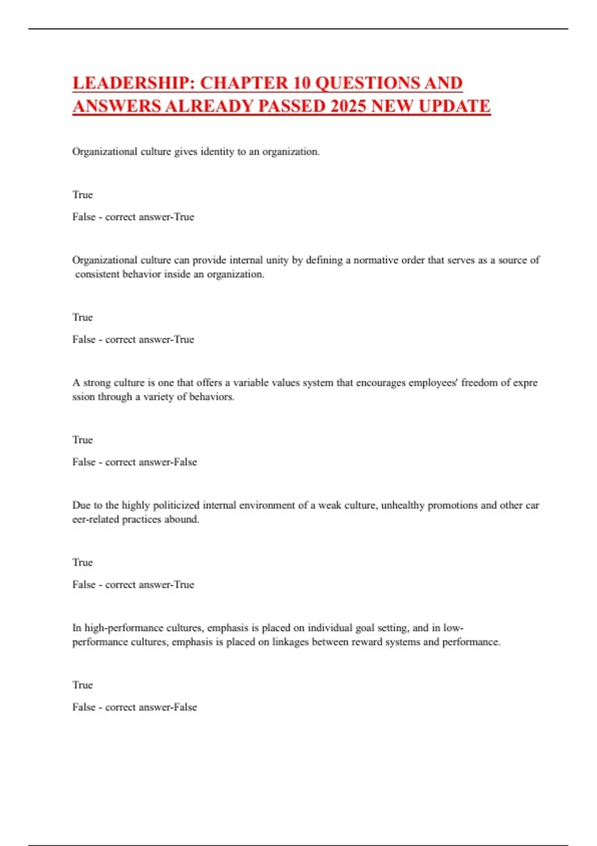 LEADERSHIP- CHAPTER 10 QUESTIONS AND ANSWERS ALREADY PASSED 2025 NEW ...