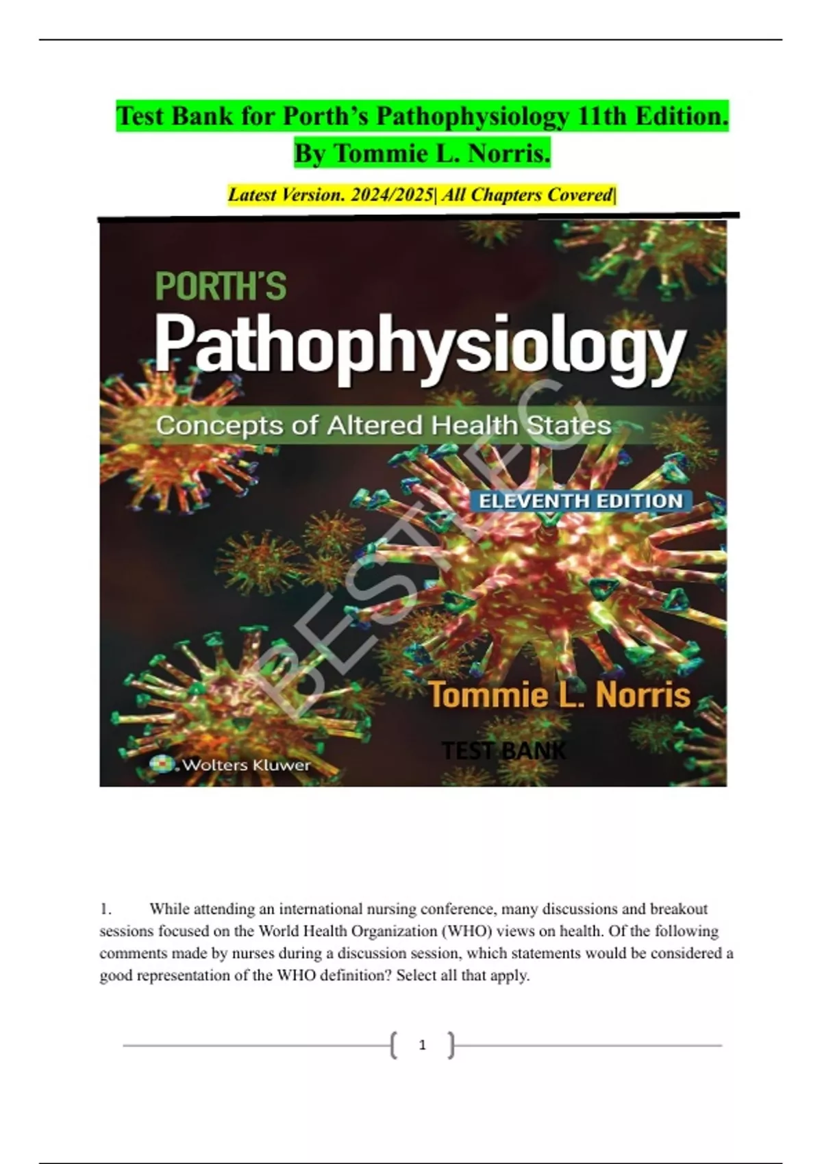 Test Bank for Porth's Pathophysiology: Concepts of Altered Health ...