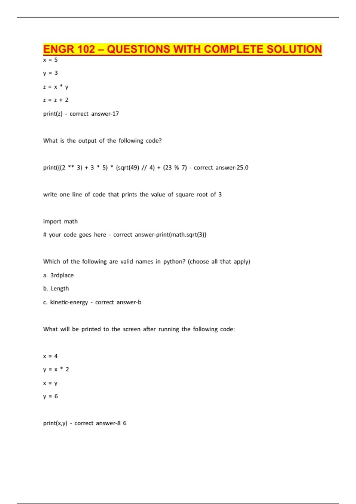 ENGR 102 – QUESTIONS WITH COMPLETE SOLUTION - ENGR 102 - Stuvia US