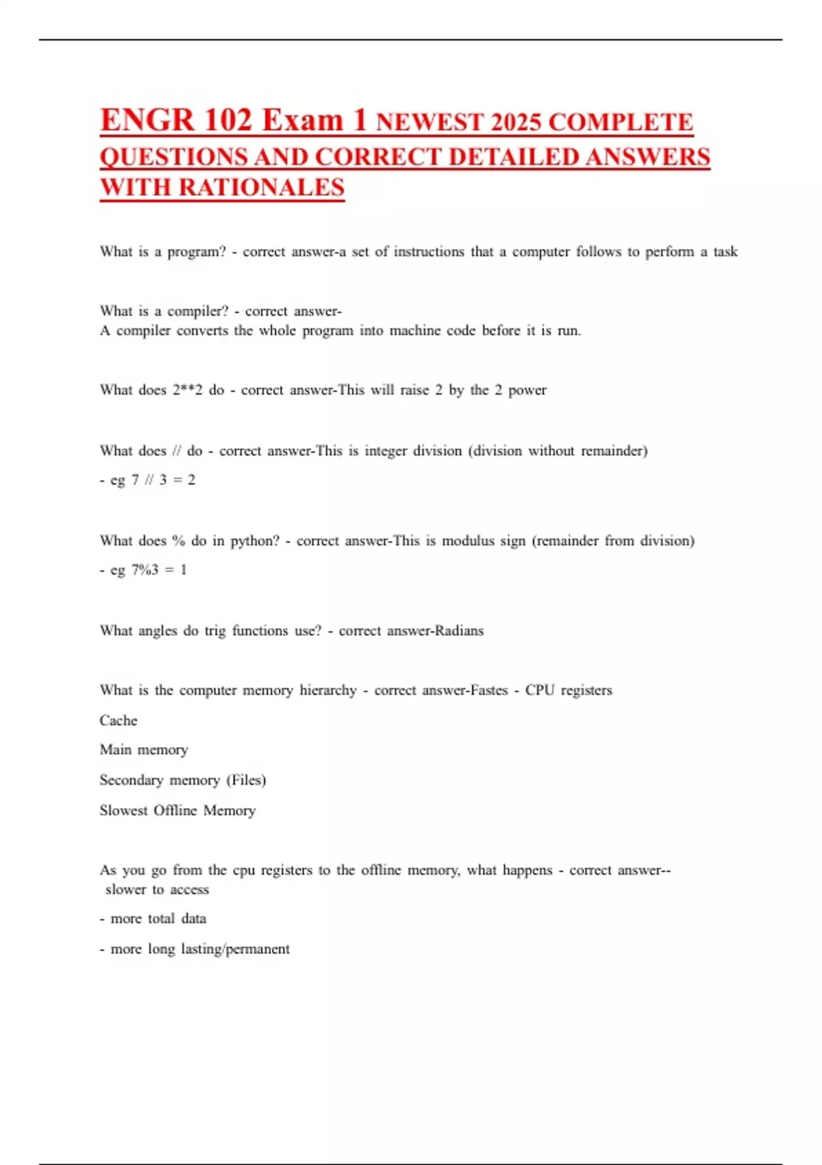 ENGR 102 Exam 1 NEWEST 2025 COMPLETE QUESTIONS AND CORRECT DETAILED ANSWERS WITH RATIONALES ...