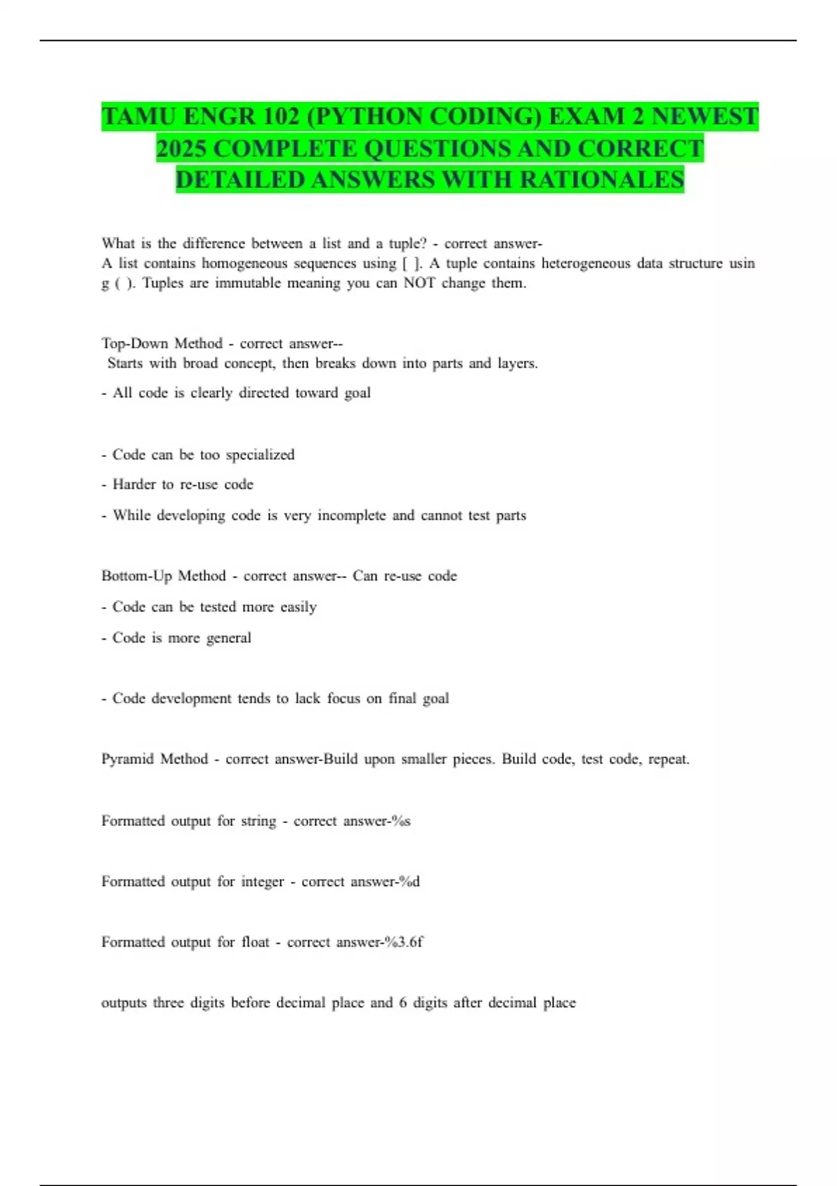 TAMU ENGR 102 (PYTHON CODING) EXAM 2 NEWEST 2025 COMPLETE QUESTIONS AND CORRECT DETAILED ANSWERS ...