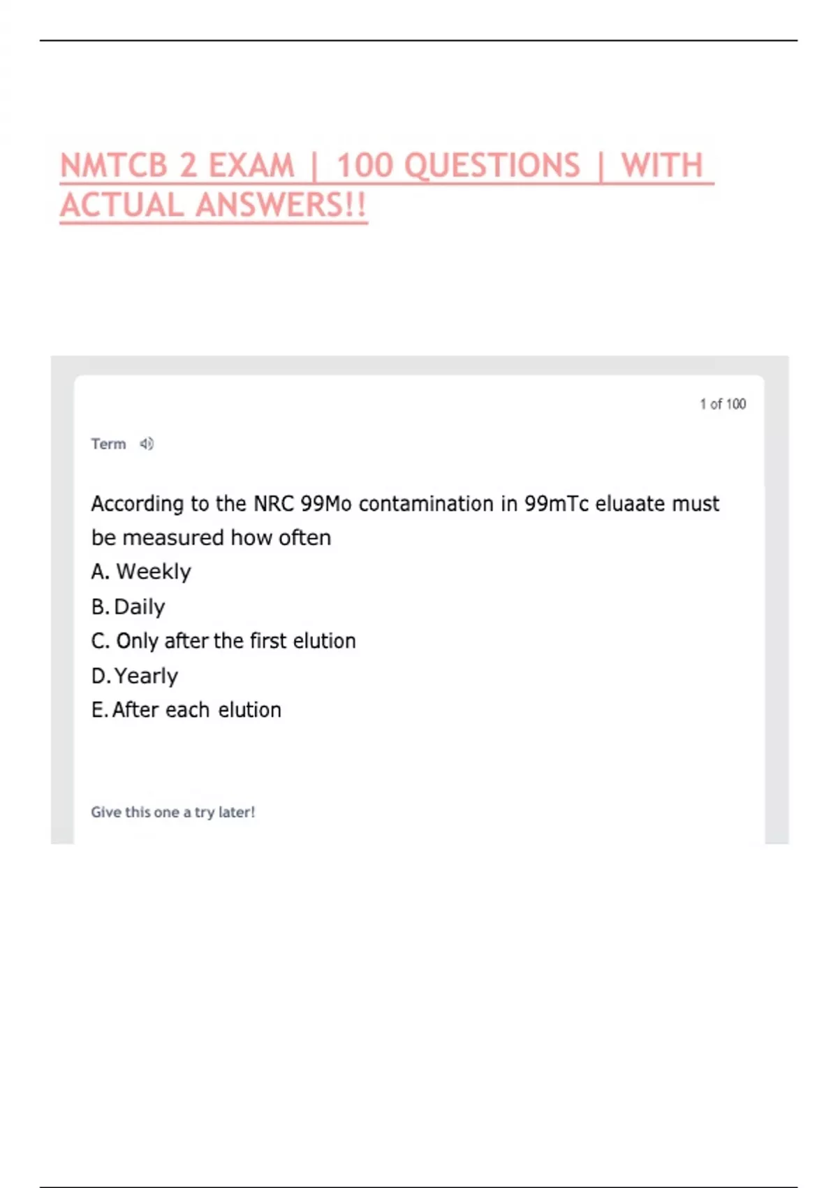 NMTCB 2 EXAM | 100 QUESTIONS | WITH ACTUAL ANSWERS!! - NMTCB 2 - Stuvia US