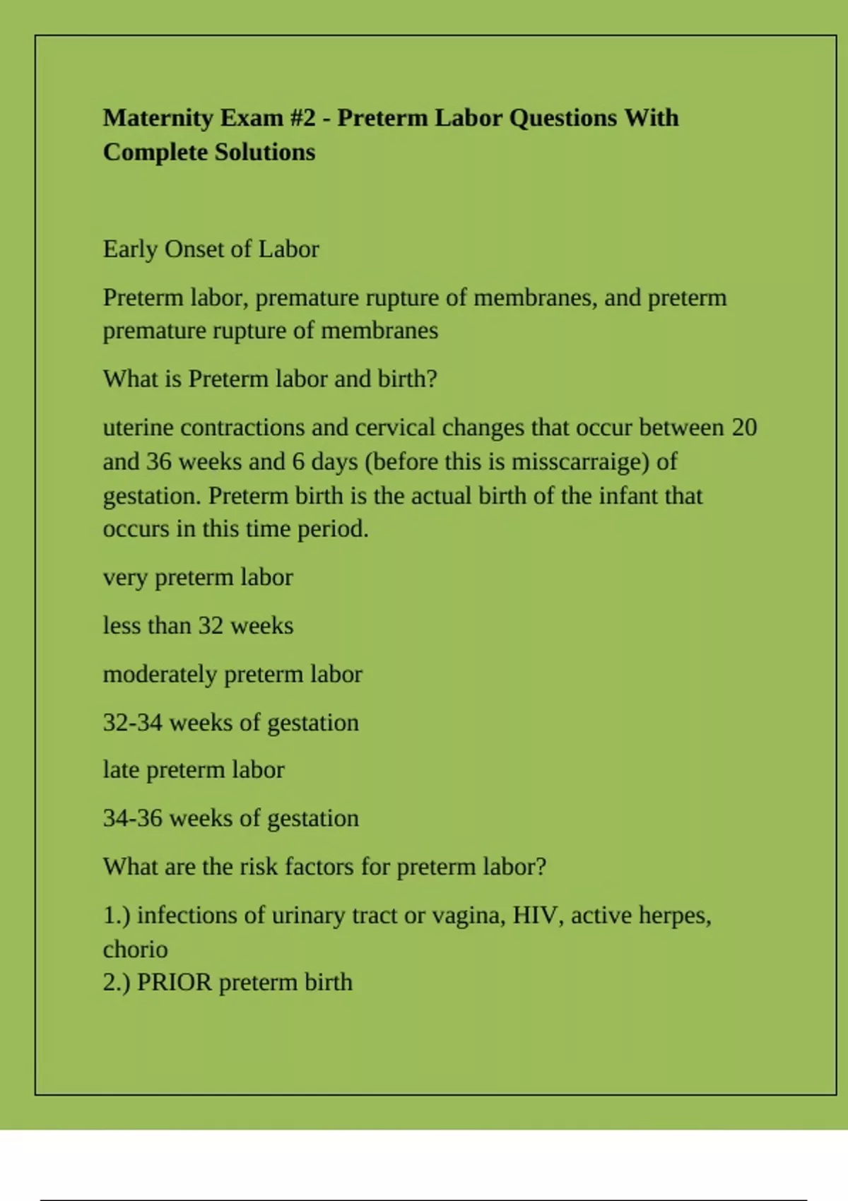 Maternity Exam #2 - Preterm Labor Questions With Complete Solutions ...