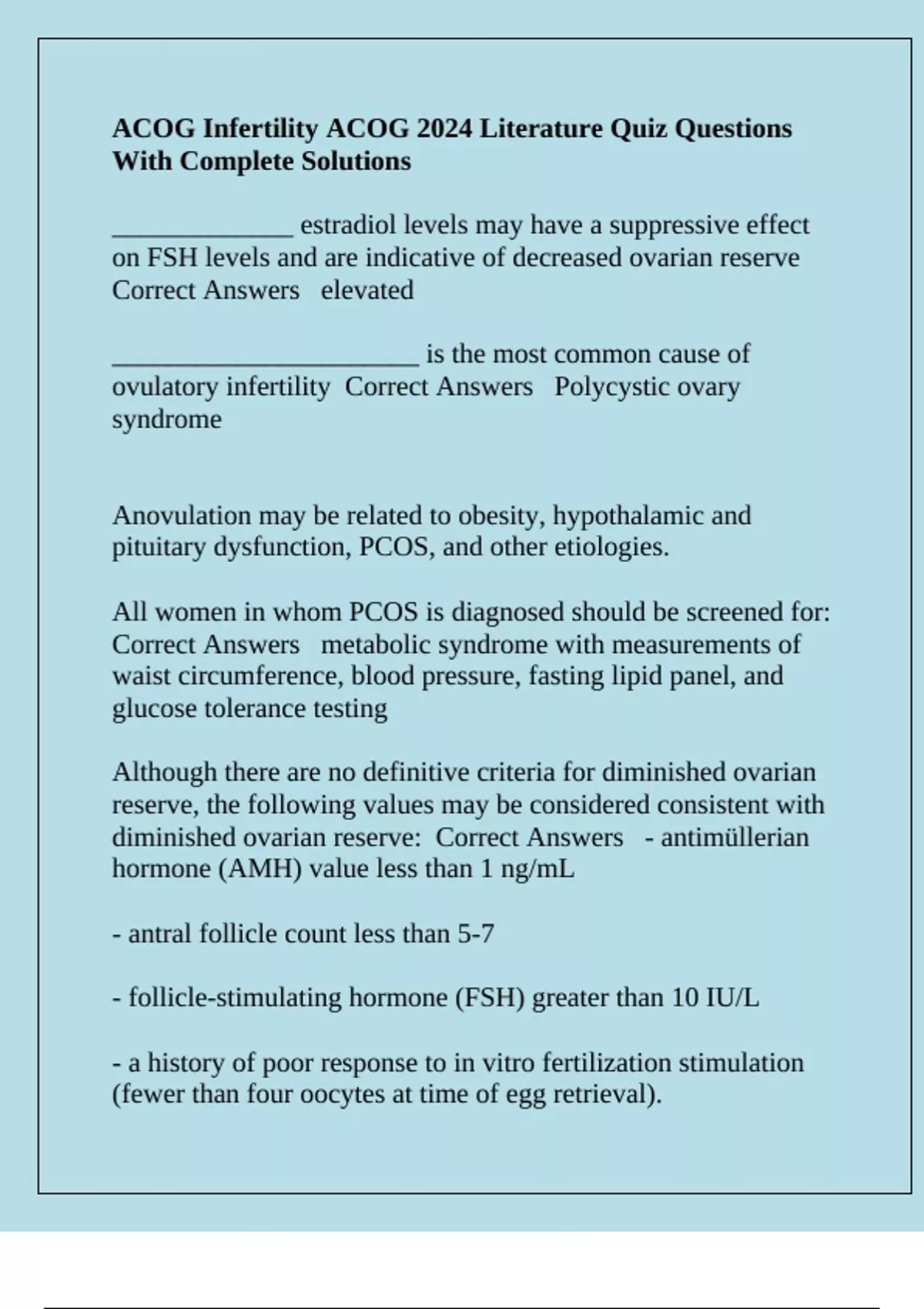 ACOG Infertility ACOG 2024 Literature Quiz Questions With Complete ...