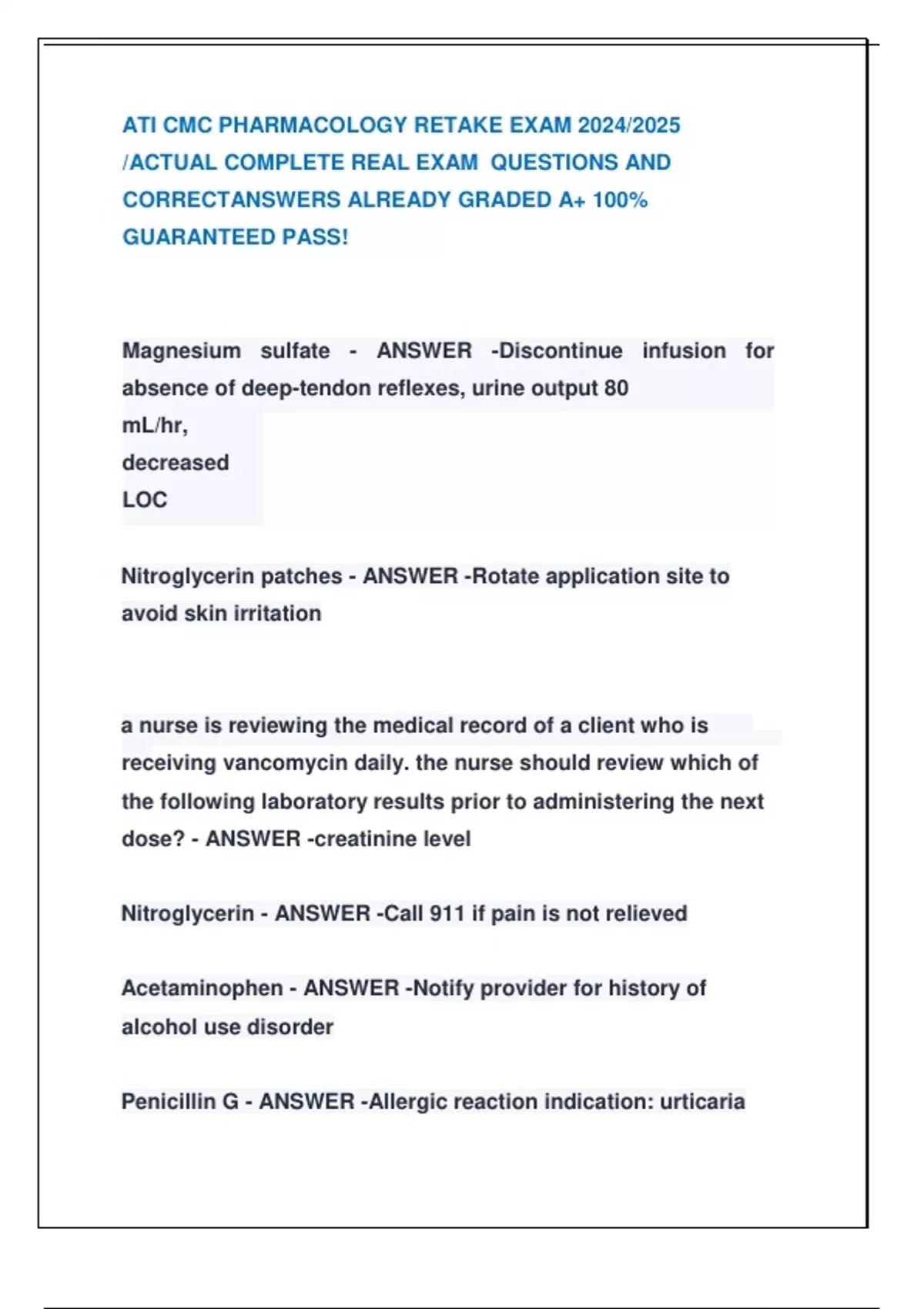 ATI CMC PHARMACOLOGY RETAKE EXAM 2024/2025 /ACTUAL COMPLETE REAL EXAM ...