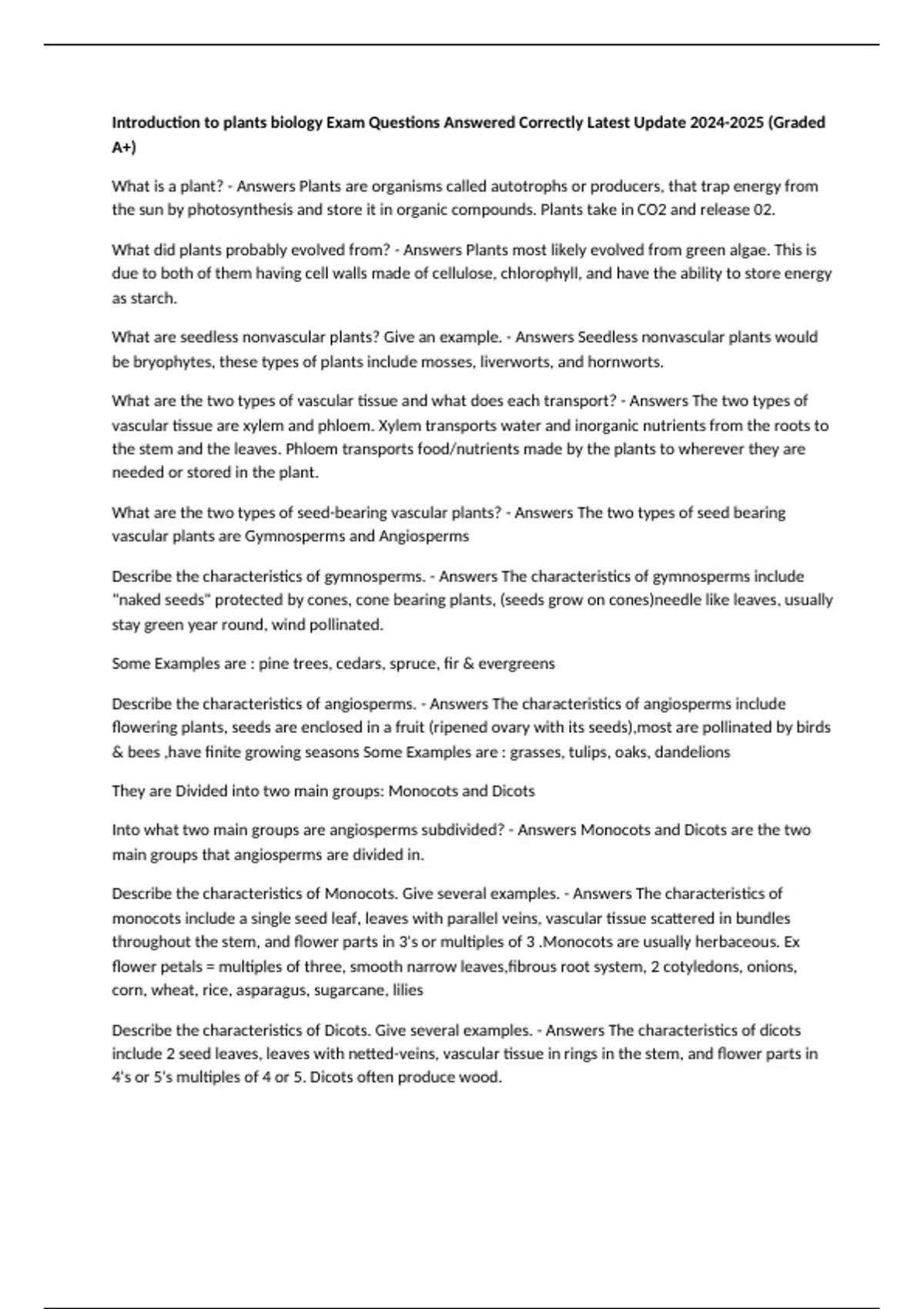 Introduction to plants biology Exam Questions Answered Correctly Latest ...