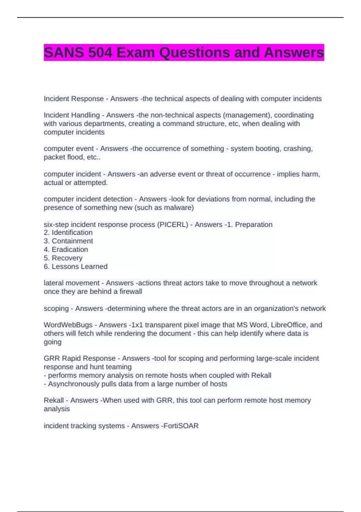 SANS 504 Exam Questions and Answers - SANS 504 - Stuvia US