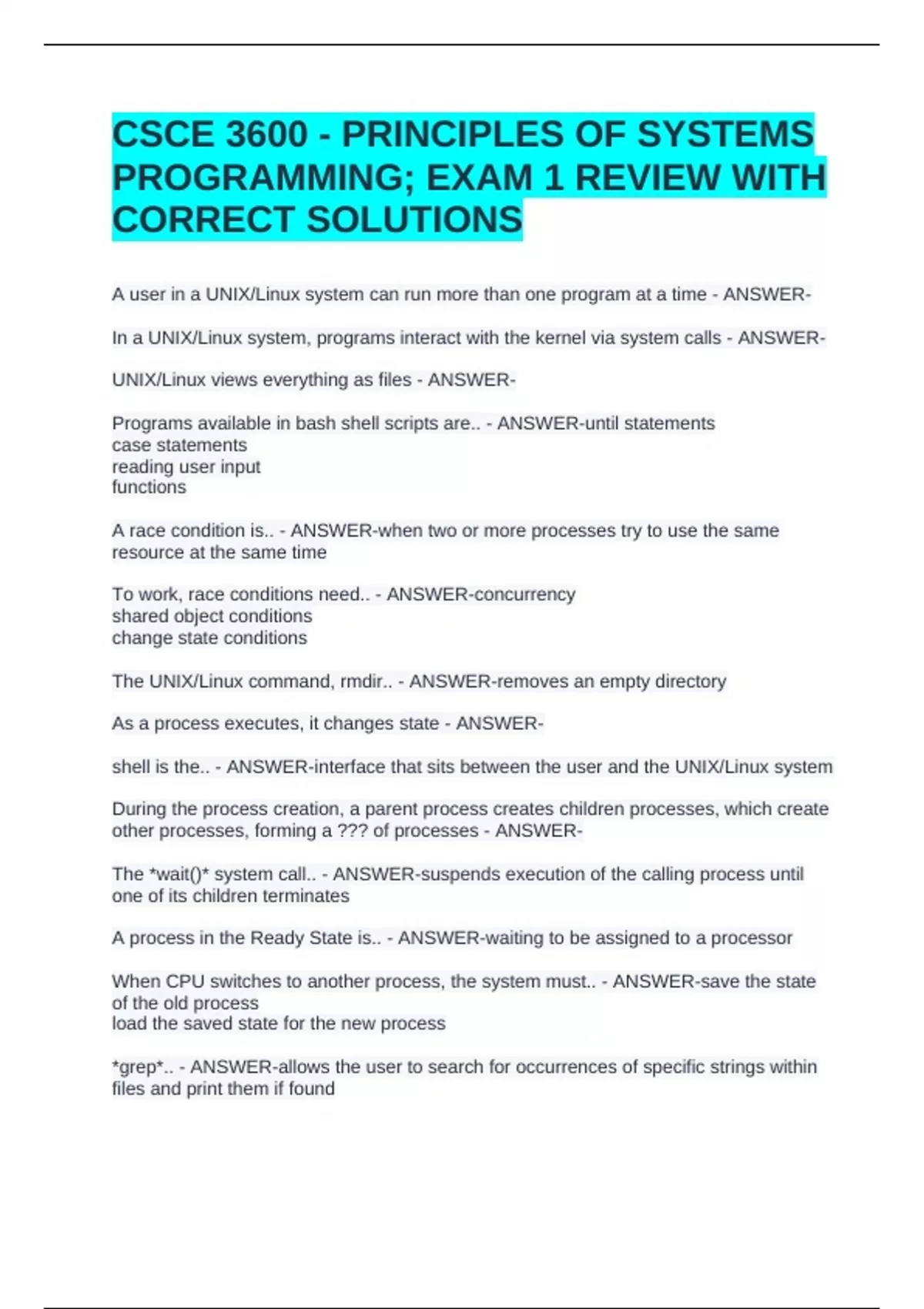 CSCE 3600 - PRINCIPLES OF SYSTEMS PROGRAMMING; EXAM 1 REVIEW WITH CORRECT SOLUTIONS - CSCE 3600 ...
