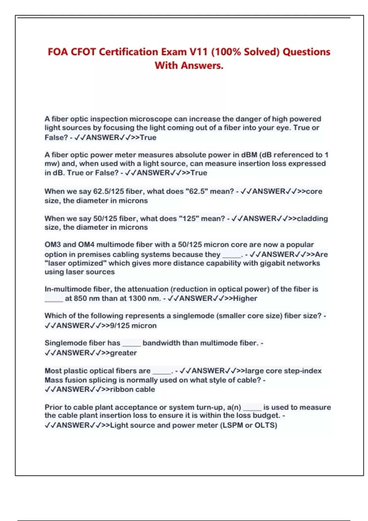 FOA CFOT Certification Exam V11 (100% Solved) Questions With Answers. A ...