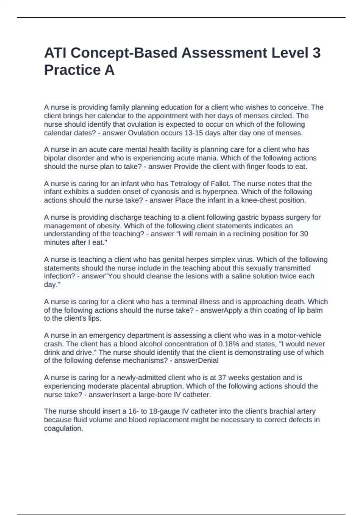 ATI Concept-Based Assessment Level 3 Practice A Questions and Answers ...