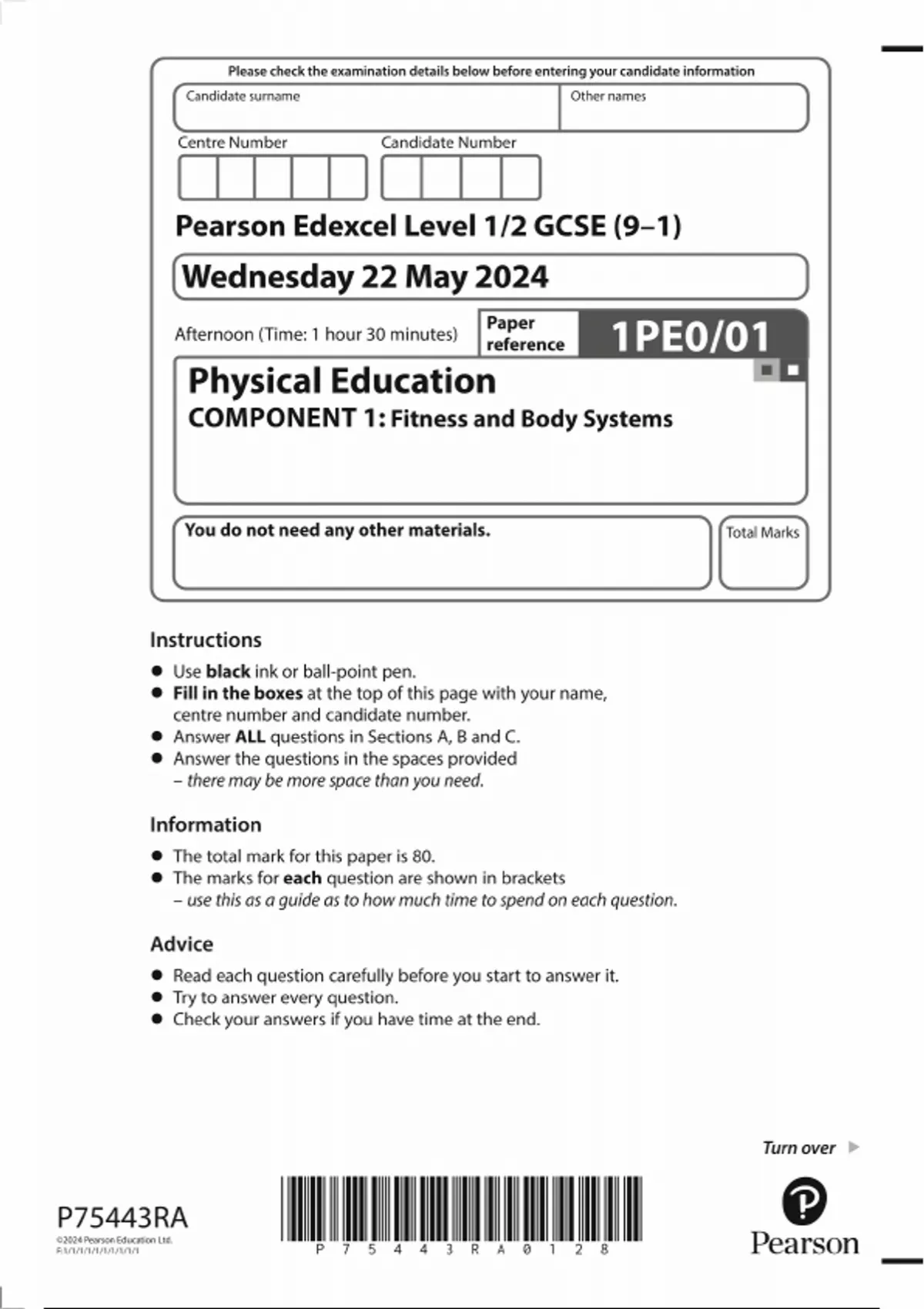 2024 Pearson Edexcel Level 1/2 GCSE Physical Education (1PE0/01 ...