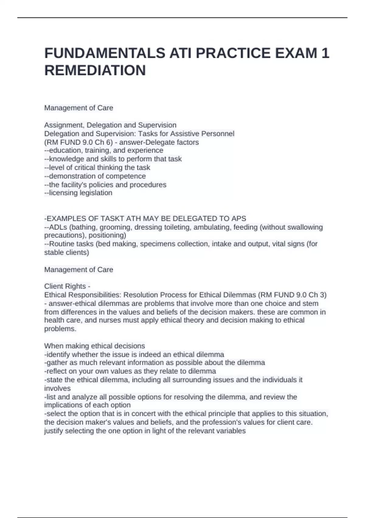 FUNDAMENTALS ATI PRACTICE EXAM 1 REMEDIATION QUESTIONS AND ANSWERS ...