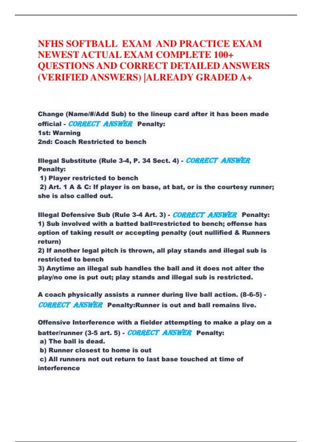 NFHS SOFTBALL EXAM AND PRACTICE EXAM NEWEST ACTUAL EXAM COMPLETE 100 ...