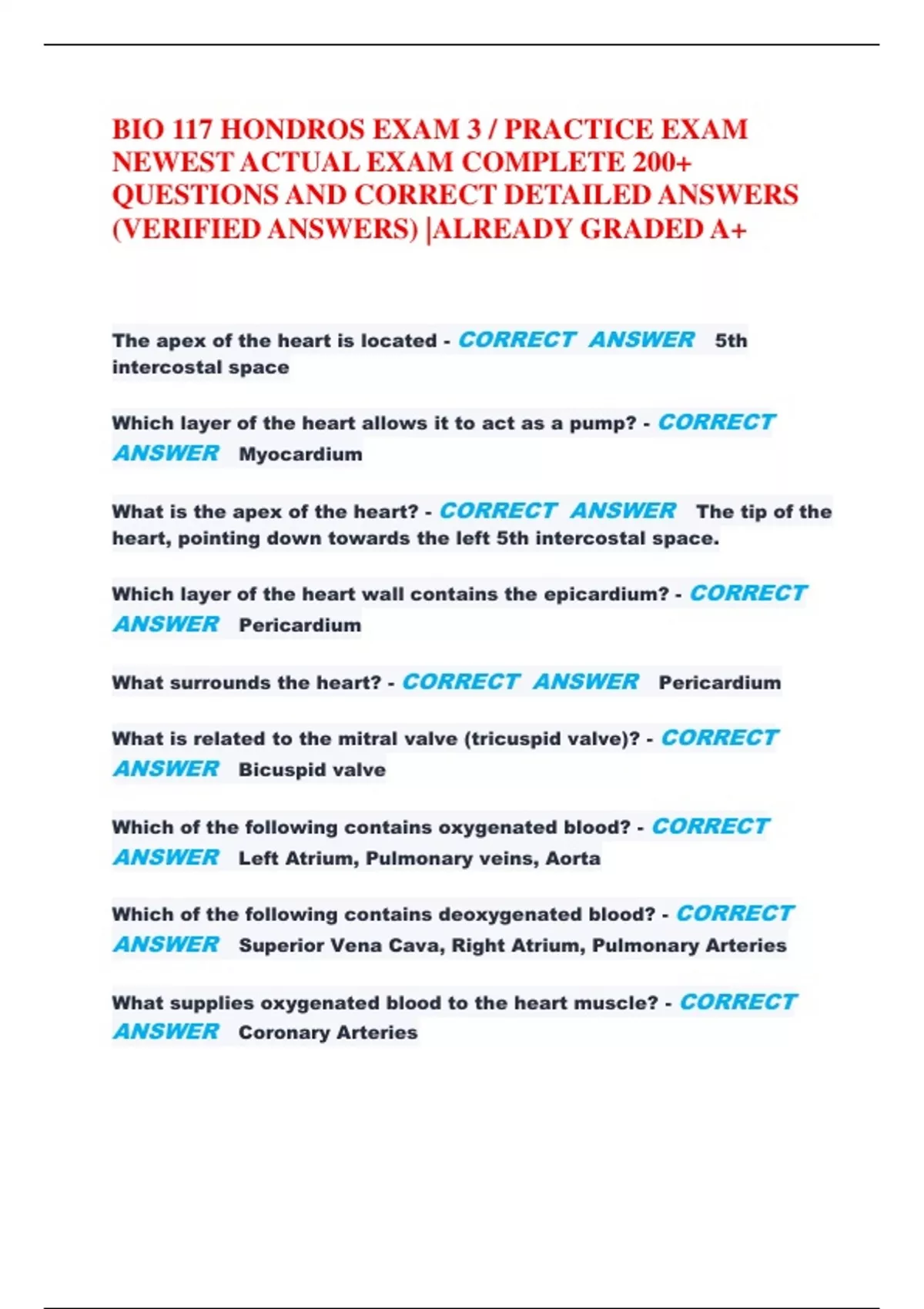 BIO 117 HONDROS EXAM 3 / PRACTICE EXAM NEWEST ACTUAL EXAM COMPLETE 200+ QUESTIONS AND CORRECT ...