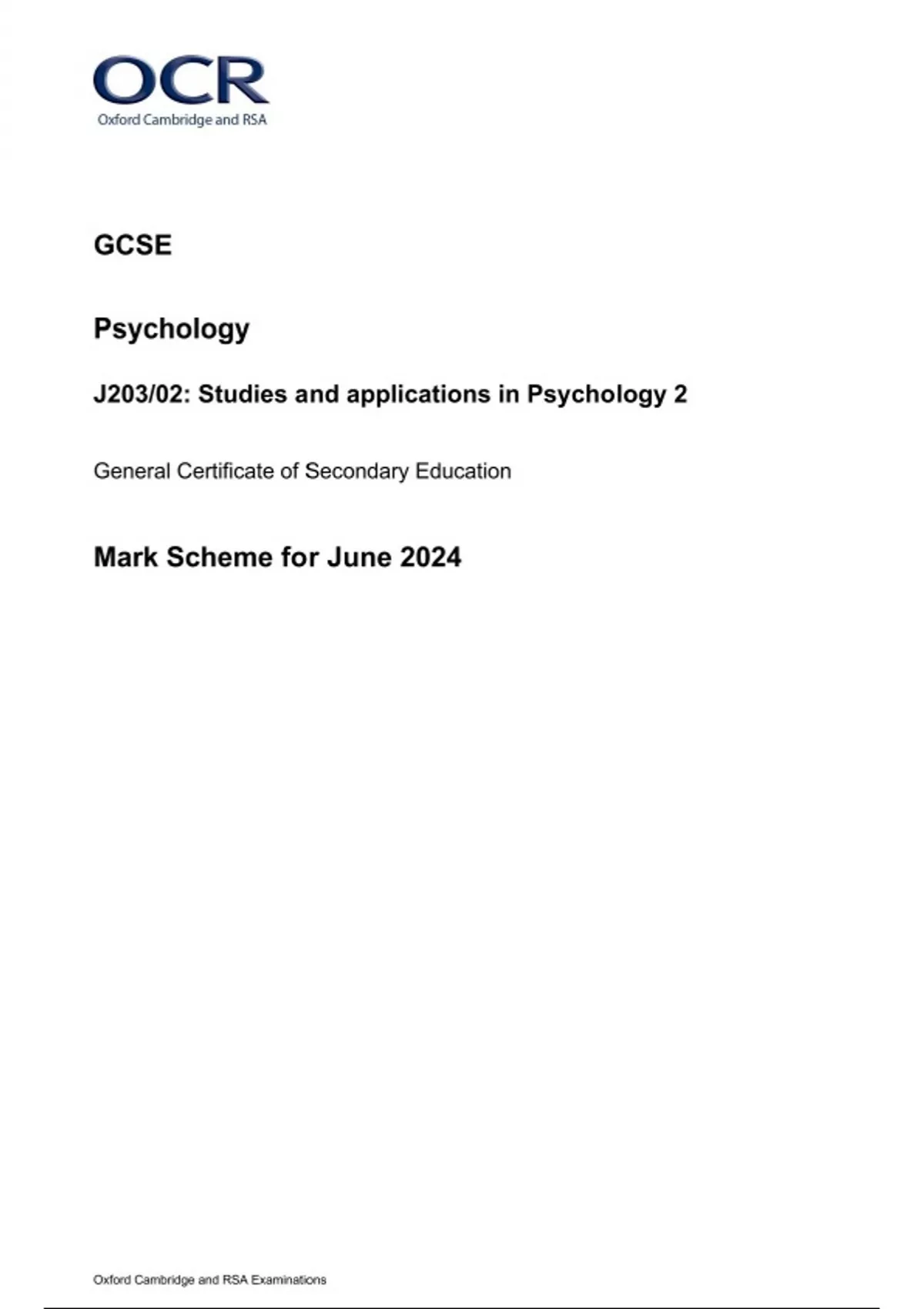 OCR GCSE Psychology J203/02 JUNE 2024 QUESTION PAPER AND MARK SCHEME ...