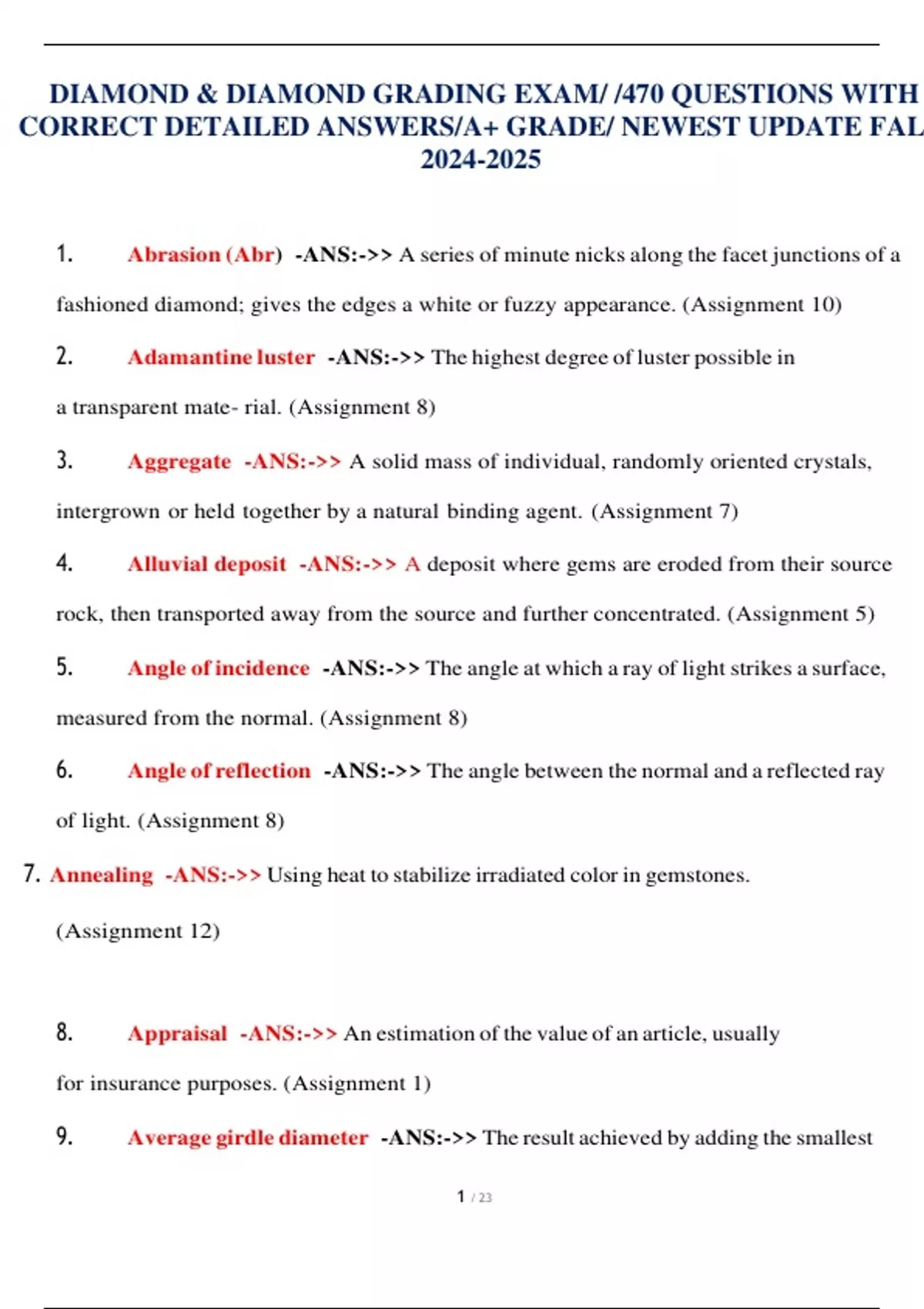 DIAMOND & DIAMOND GRADING EXAM/ /470 QUESTIONS WITH CORRECT DETAILED ...