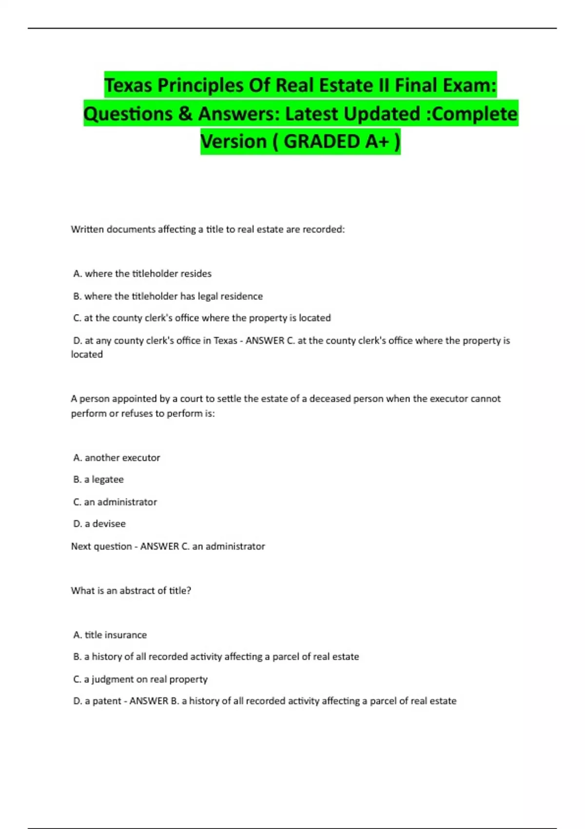 Texas Principles Of Real Estate II Final Exam: Questions & Answers ...