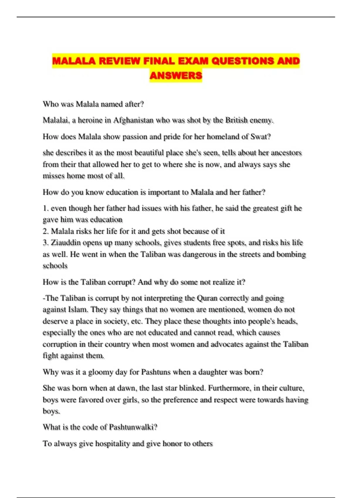 MALALA REVIEW FINAL EXAM QUESTIONS AND ANSWERS - MALALA - Stuvia US