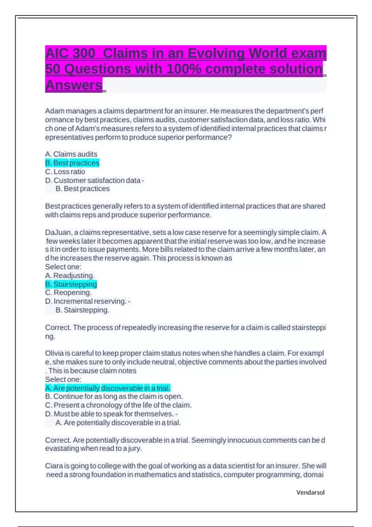 AIC 300 CLAIMS IN AN EVOLVING WORLD EXAM Practice And Guide Exam With ...