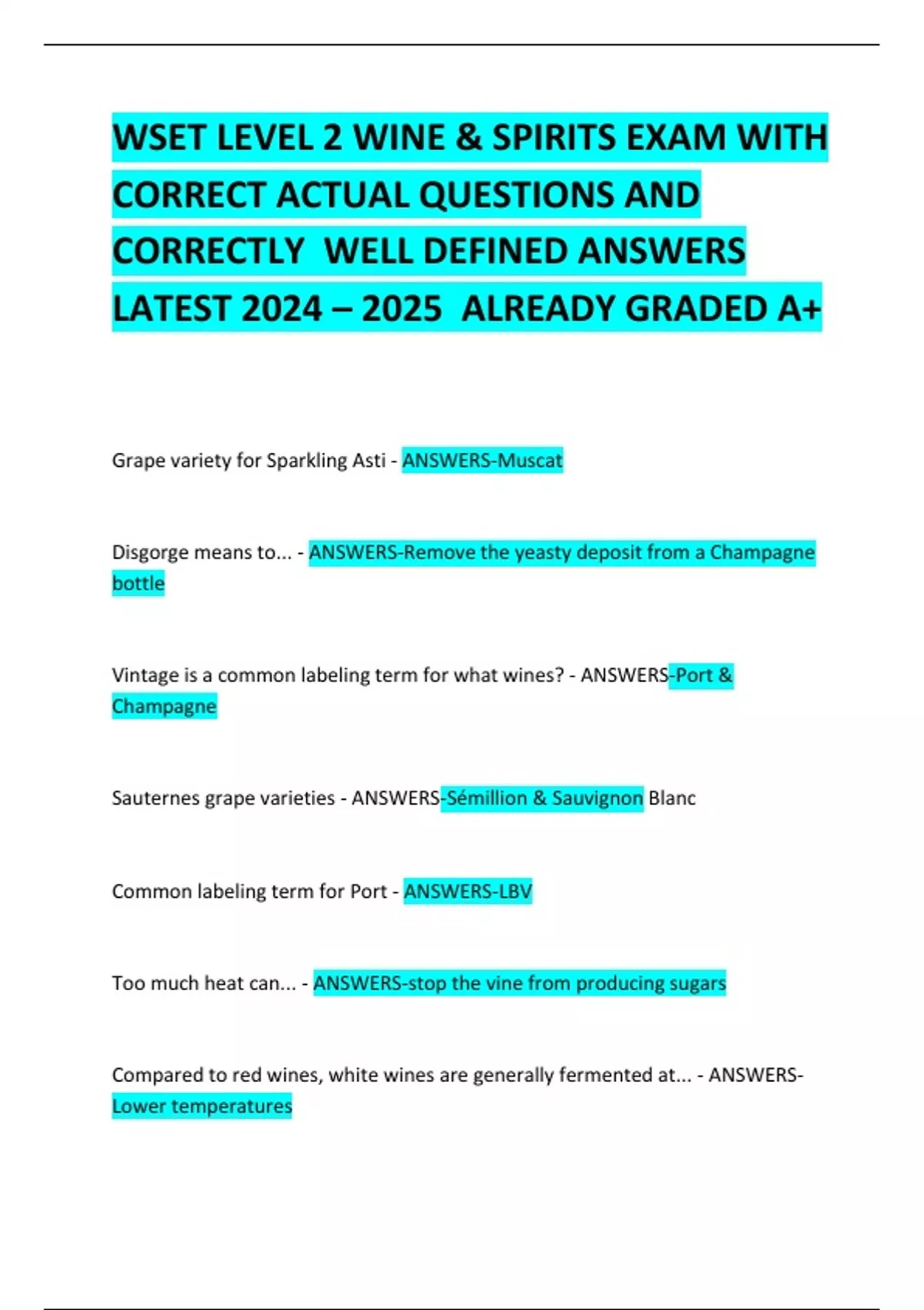 WSET LEVEL 2 WINE & SPIRITS EXAM WITH CORRECT ACTUAL QUESTIONS AND CORRECTLY WELL DEFINED ...
