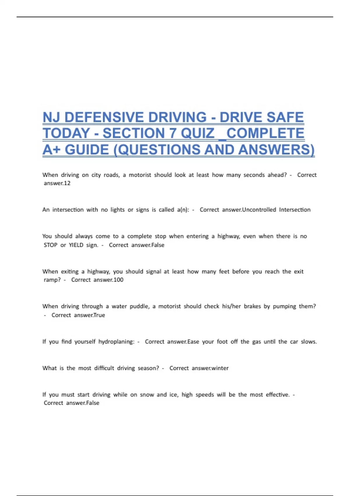 NJ Defensive Driving - Drive Safe Today - Section 7 Quiz - NJ Defensive ...