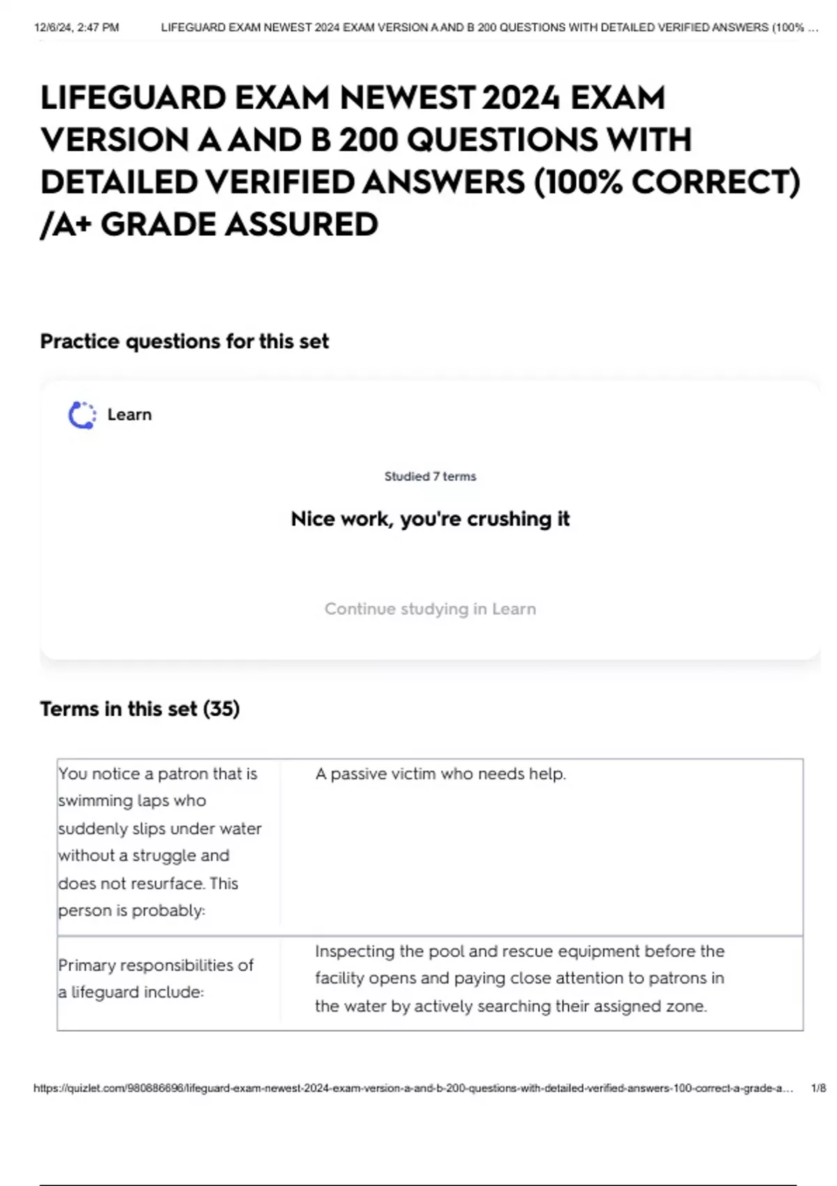 LIFEGUARD EXAM NEWEST 2024 EXAM VERSION A AND B 200 QUESTIONS WITH ...