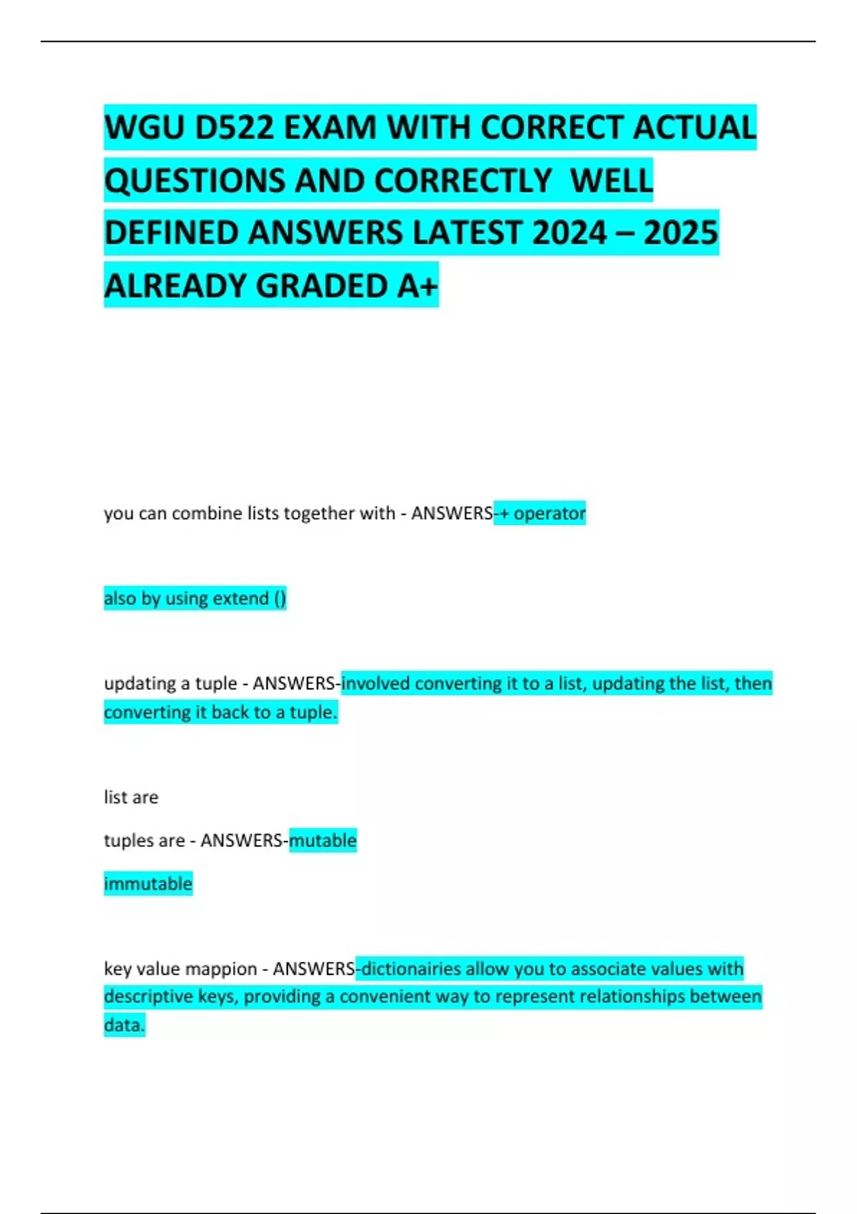 WGU D522 EXAM WITH CORRECT ACTUAL QUESTIONS AND CORRECTLY WELL DEFINED ...