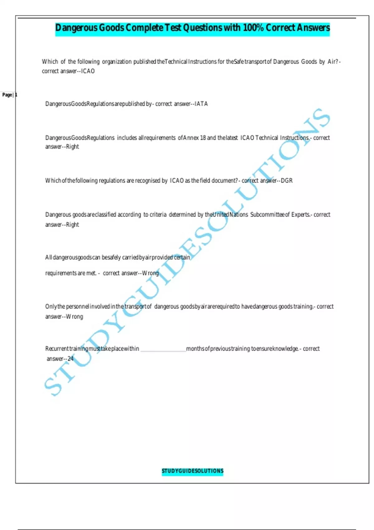 Dangerous Goods Complete Test Questions with 100% Correct Answers ...
