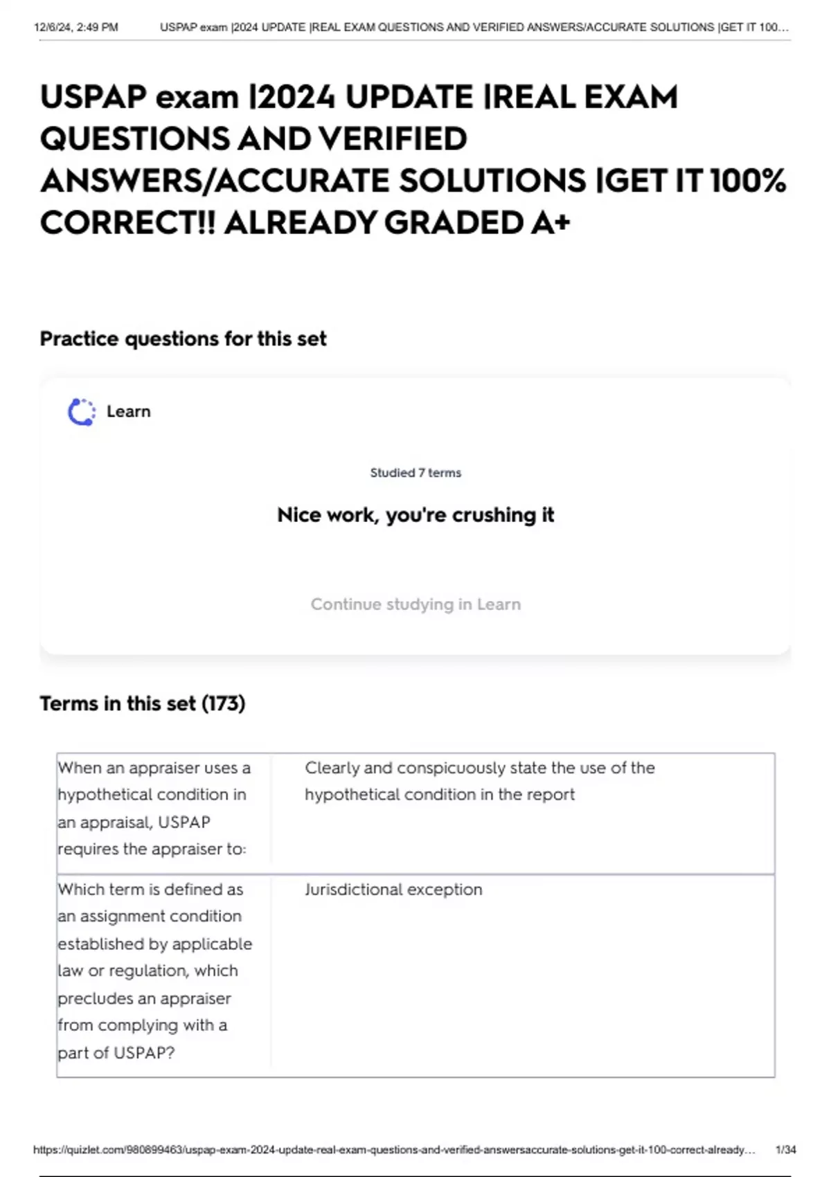 USPAP exam |2024 UPDATE |REAL EXAM QUESTIONS AND VERIFIED ANSWERS/ACCURATE SOLUTIONS |GET IT 100 ...