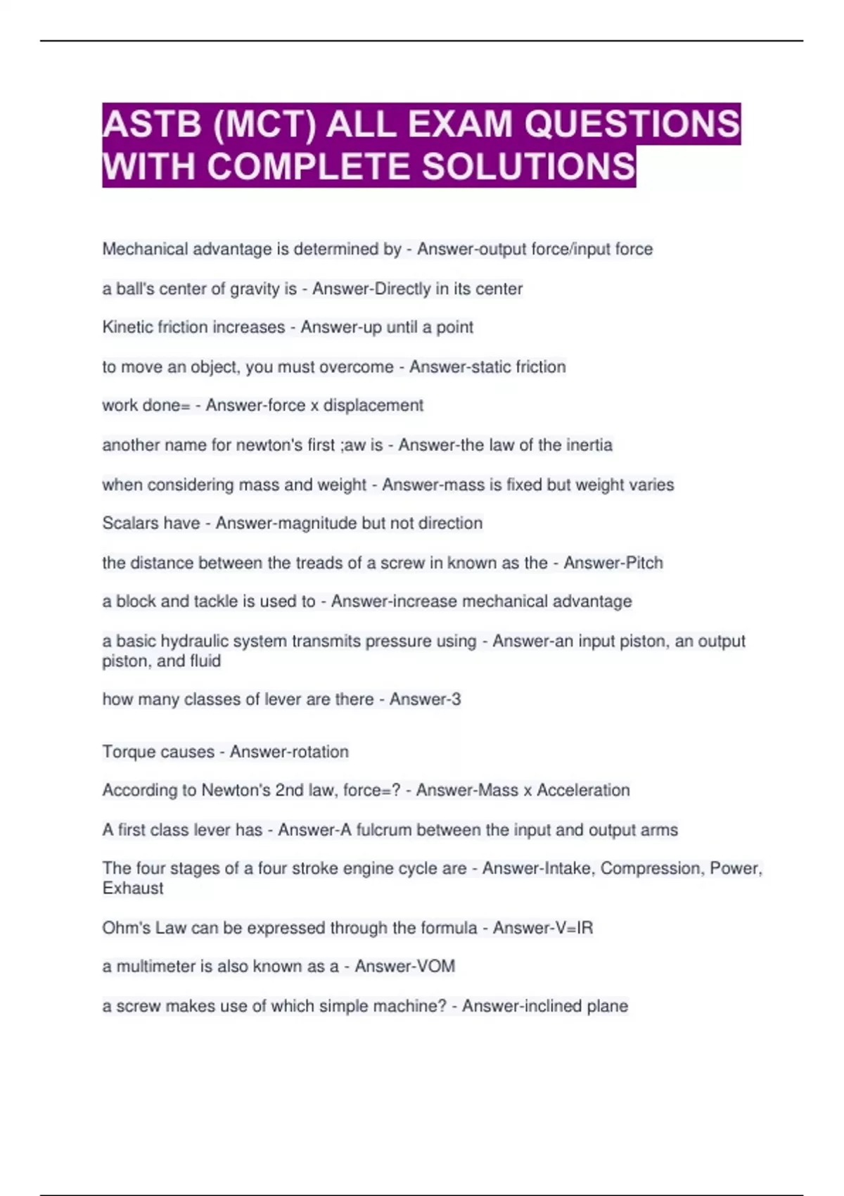 ASTB (MCT) ALL EXAM QUESTIONS WITH COMPLETE SOLUTIONS - ASTB - Stuvia US