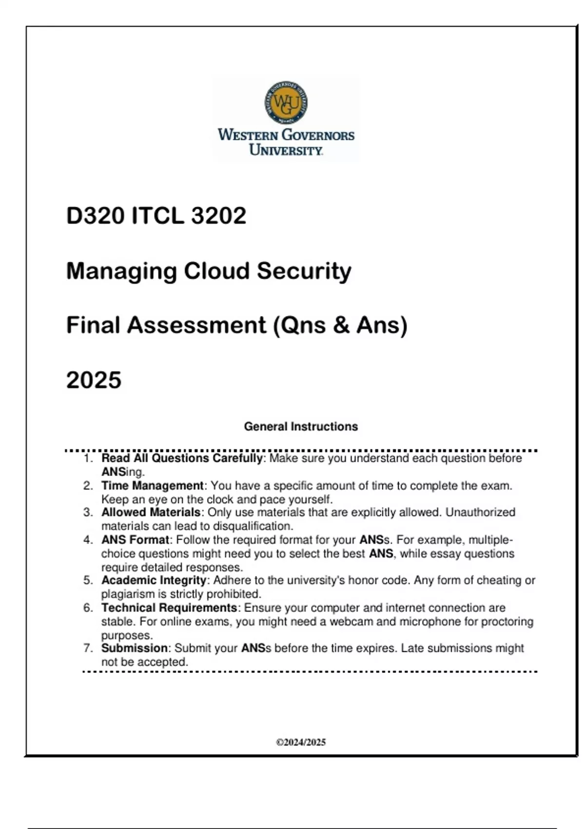 (D320) ITCL 3202 Managing Cloud Security Final Assessment (Qns & Ans ...