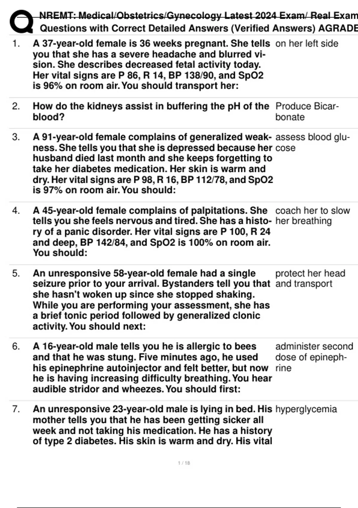 NREMT: Medical/Obstetrics/Gynecology Latest 2024 Exam/ Real Exam ...