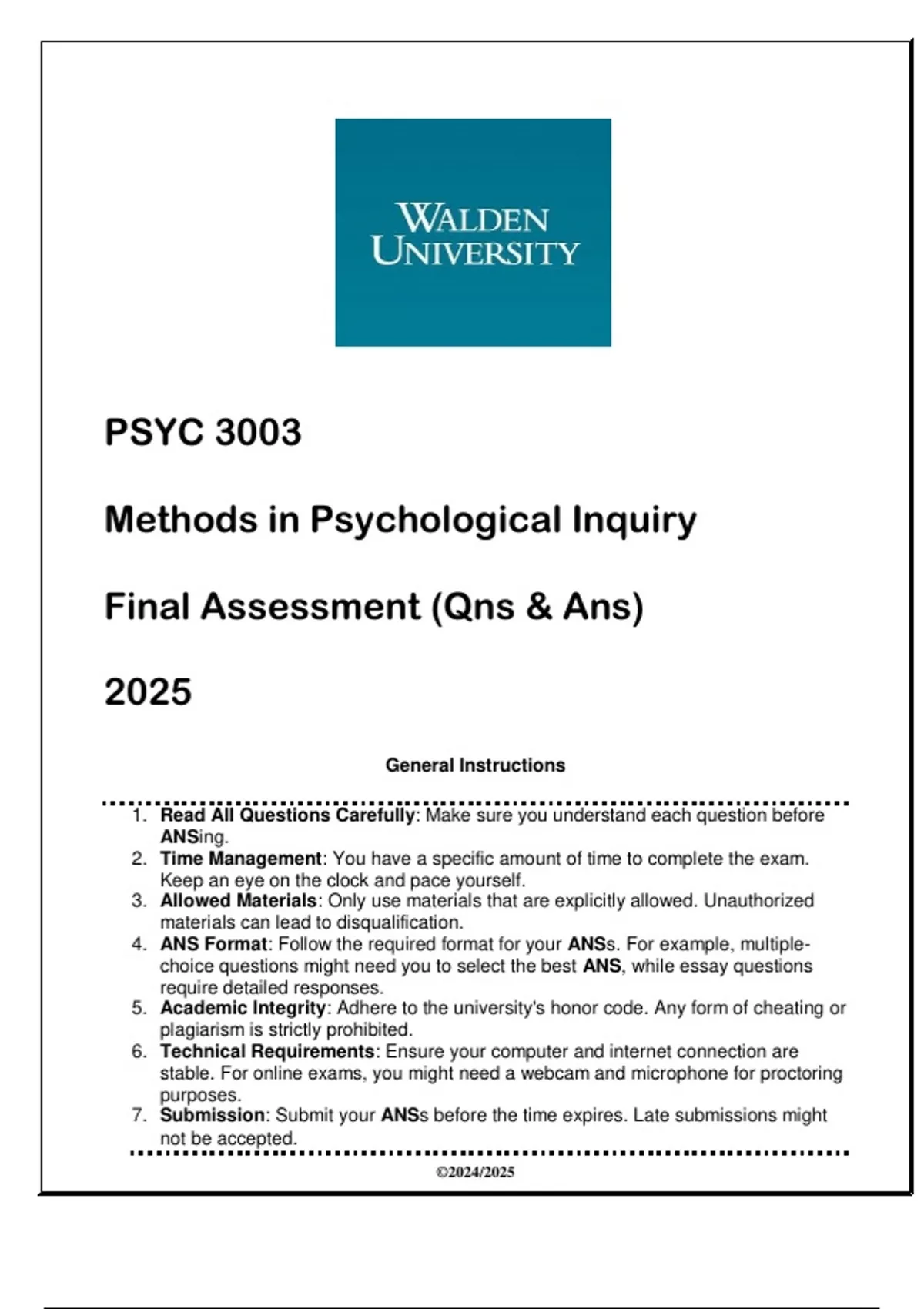 PSYC 3003 (Methods in Psychological Inquiry) Final Assessment Qns & Ans ...