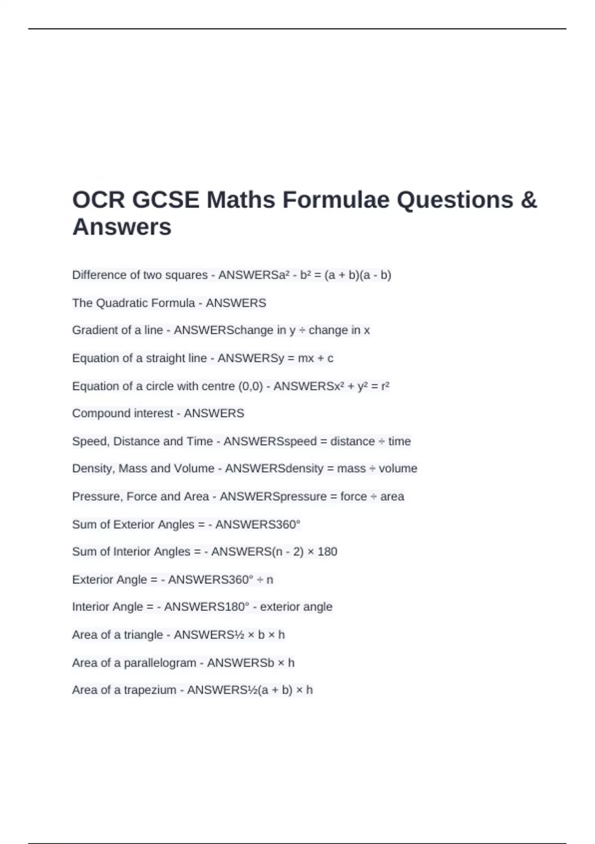 OCR GCSE Maths Formulae Questions & Answers - OCR GCSE Maths Formulae ...