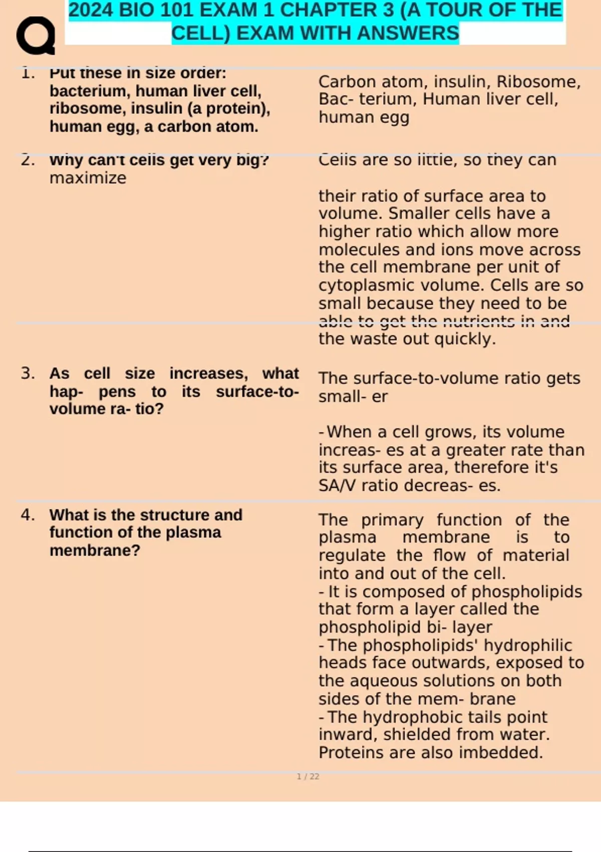 2024 BIO 101 EXAM 1 CHAPTER 3 (A TOUR OF THE CELL) EXAM WITH ANSWERS ...