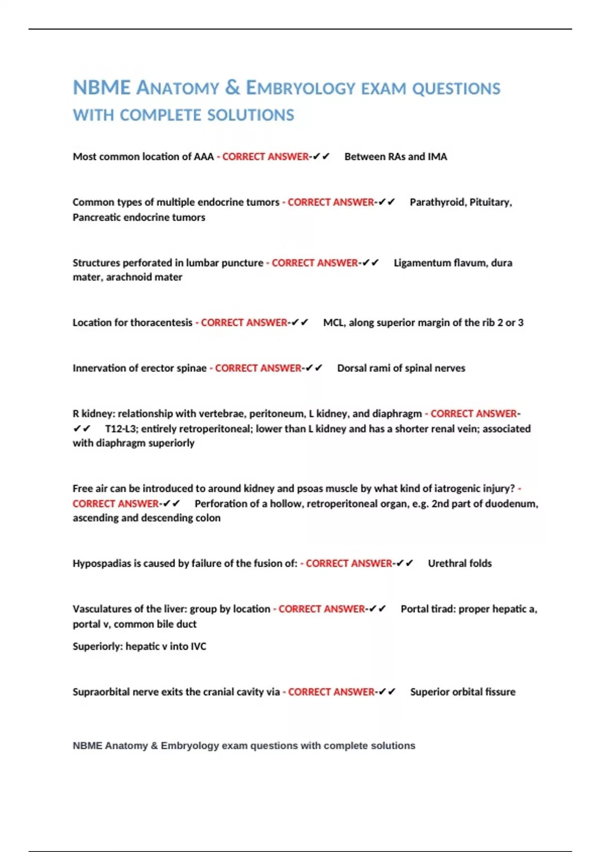 NBME ANATOMY & EMBRYOLOGY EXAM QUESTIONS WITH COMPLETE SOLUTIONS - NBME - Stuvia US