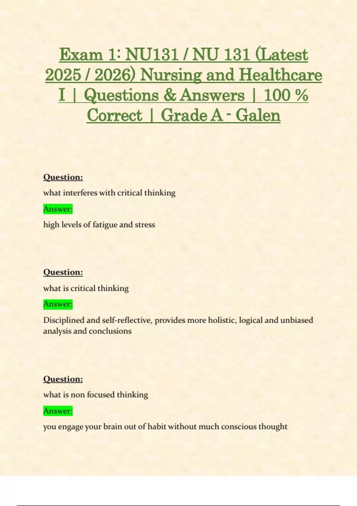 Exam 1: NU131 / NU 131 (Latest 2025 / 2026) Nursing and Healthcare I ...