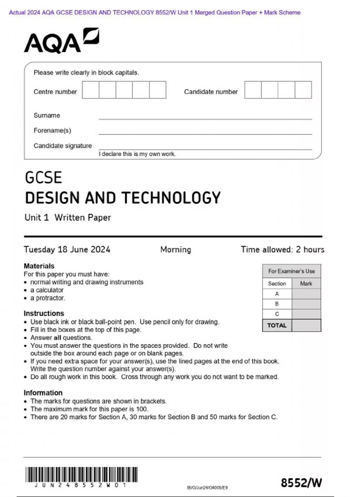 Actual 2024 AQA GCSE DESIGN AND TECHNOLOGY 8552/W Unit 1 Merged ...