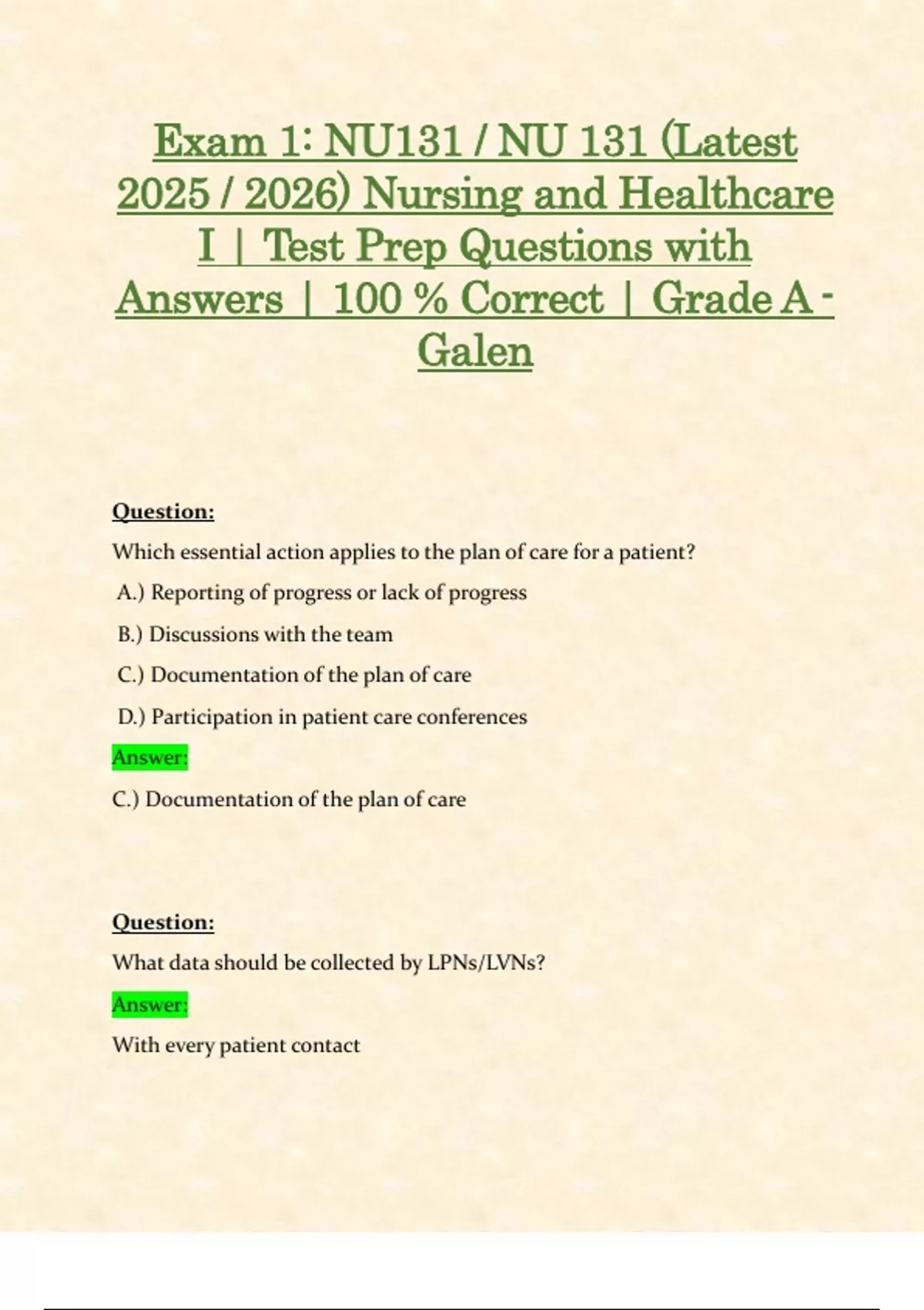 Exam 1: NU131 / NU 131 (Latest 2025 / 2026) Nursing and Healthcare I ...