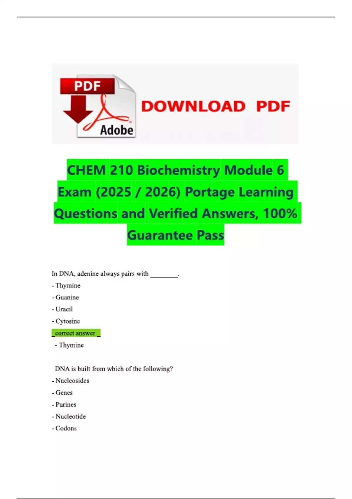 CHEM 210 Biochemistry Module 6 Exam (2025 / 2026) Portage Learning ...