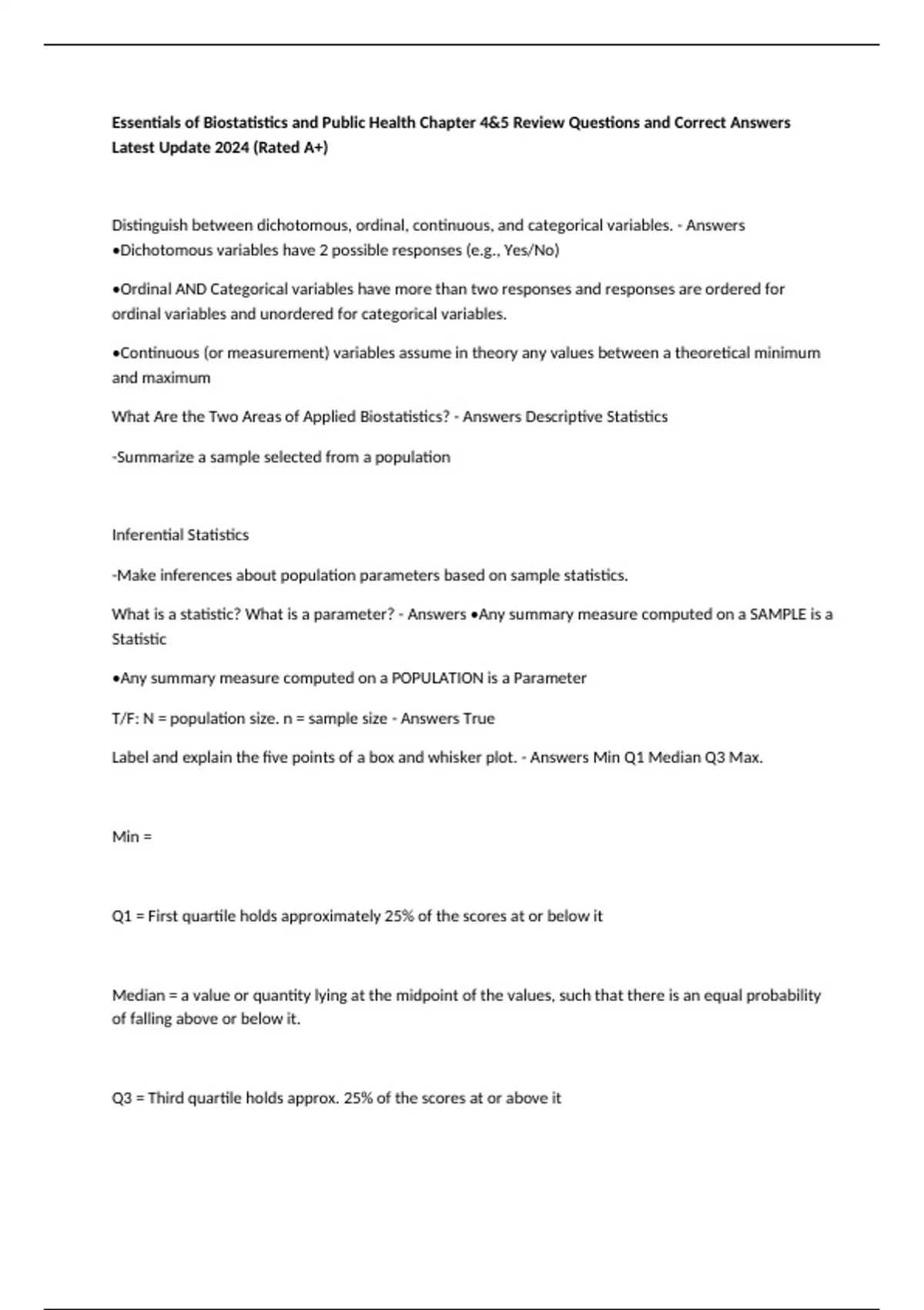 Essentials of Biostatistics and Public Health Chapter 4&5 Review Questions and Correct Answers ...