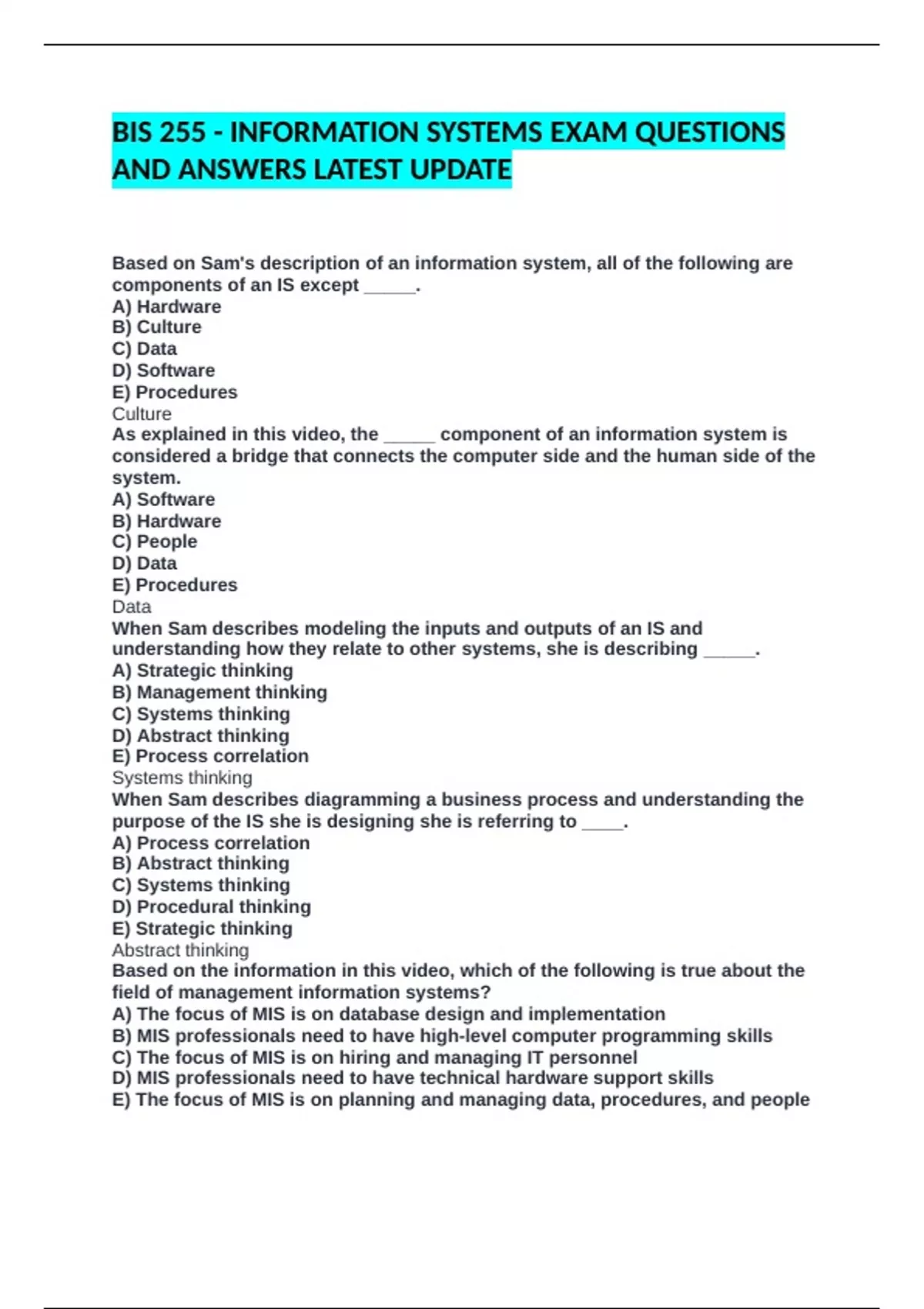 BIS 255 - INFORMATION SYSTEMS EXAM QUESTIONS AND ANSWERS LATEST UPDATE ...