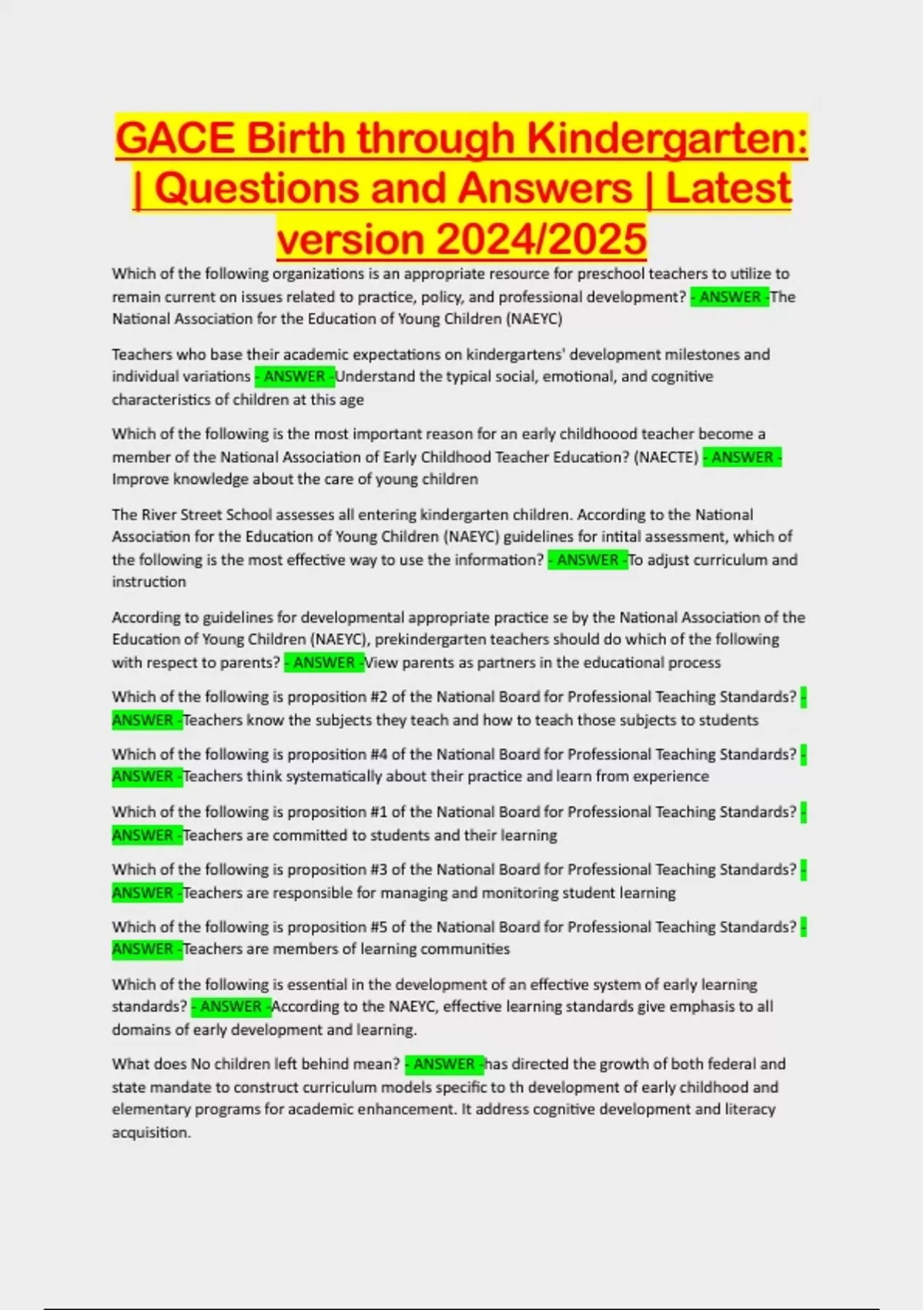 GACE Birth through Kindergarten: | Questions and Answers | Latest ...