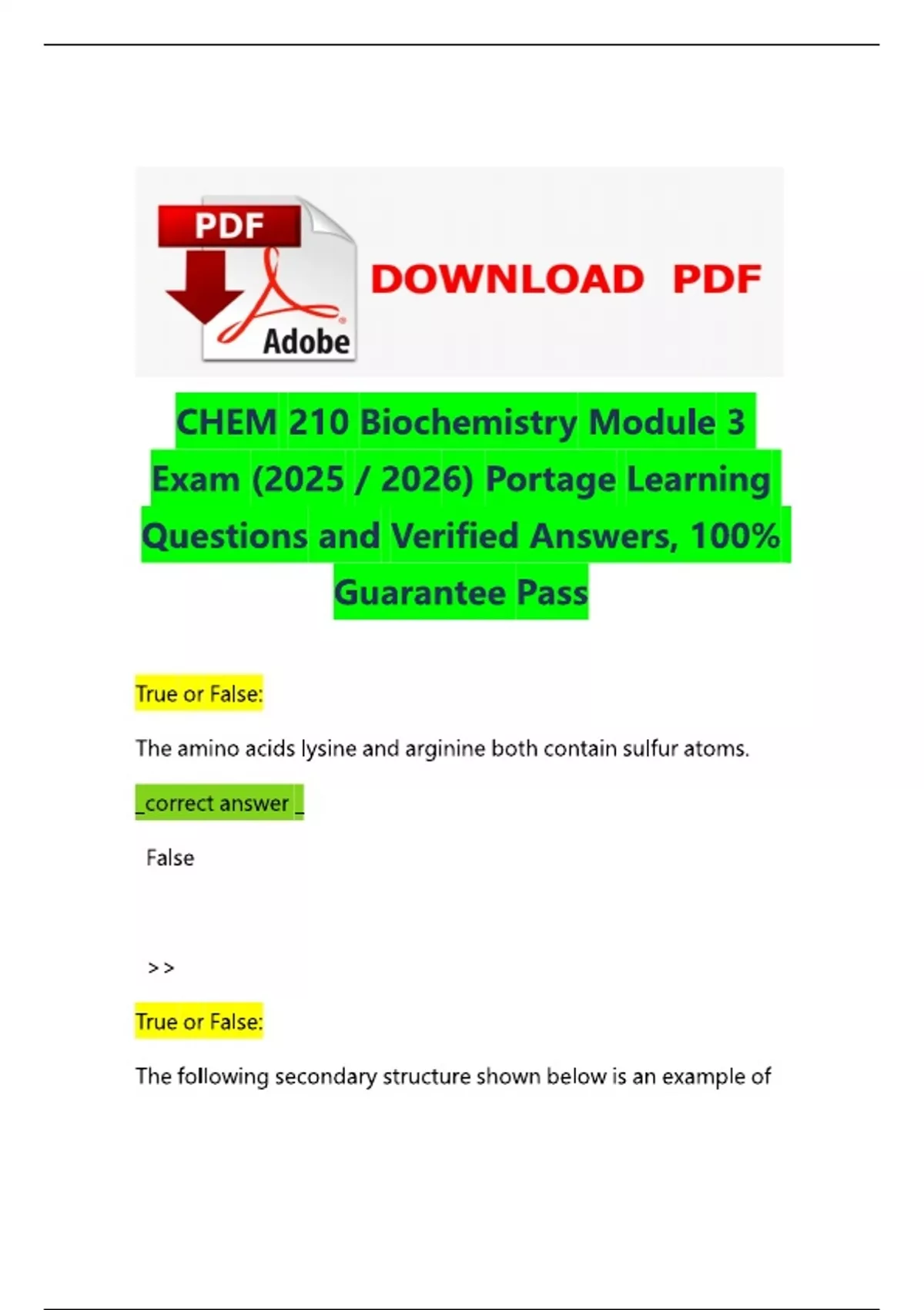 CHEM 210 Biochemistry Module 3 Exam (2025 / 2026) Portage Learning Questions and Verified ...