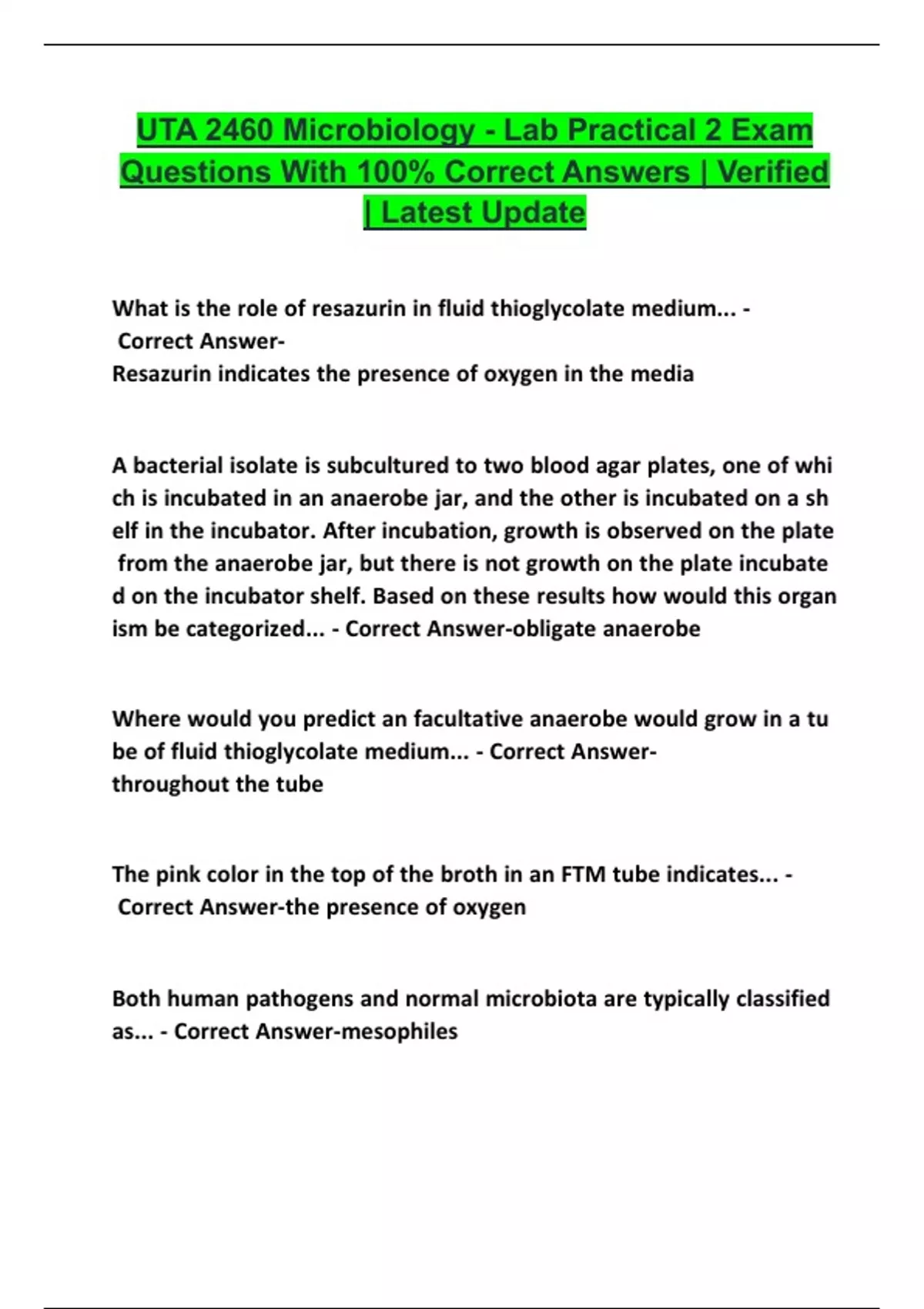 UTA 2460 Microbiology - Lab Practical 2 Exam Questions With 100% ...